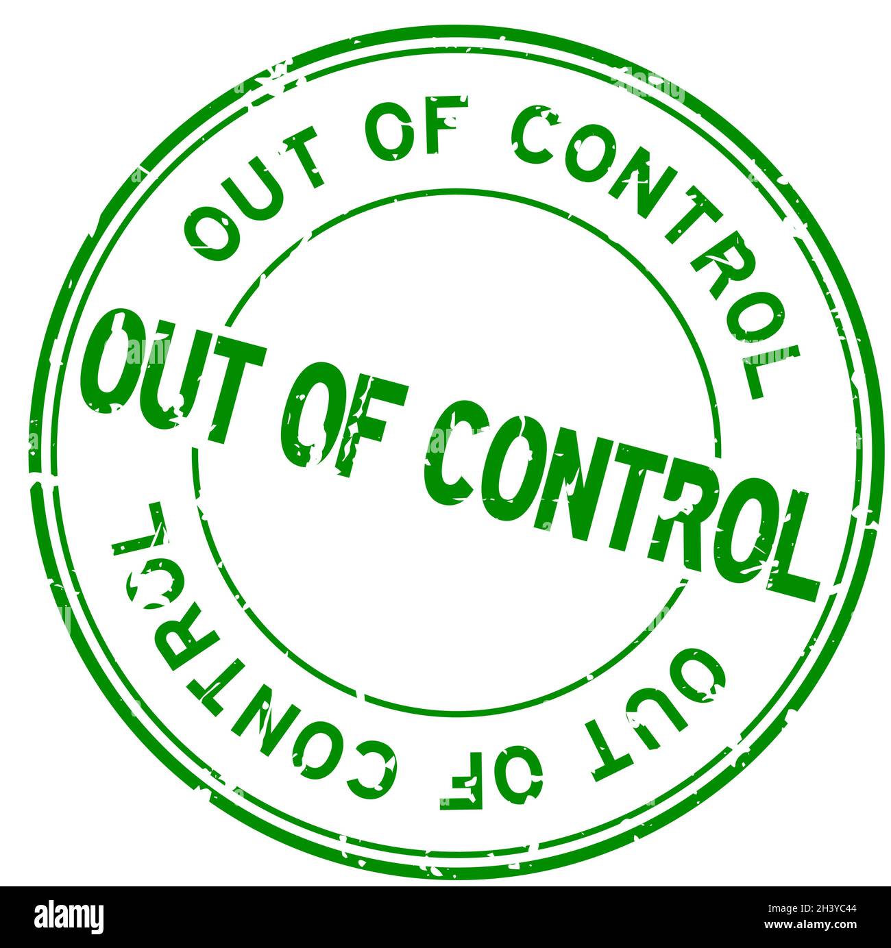 Grunge green out of control word round rubber seal stamp on white ...