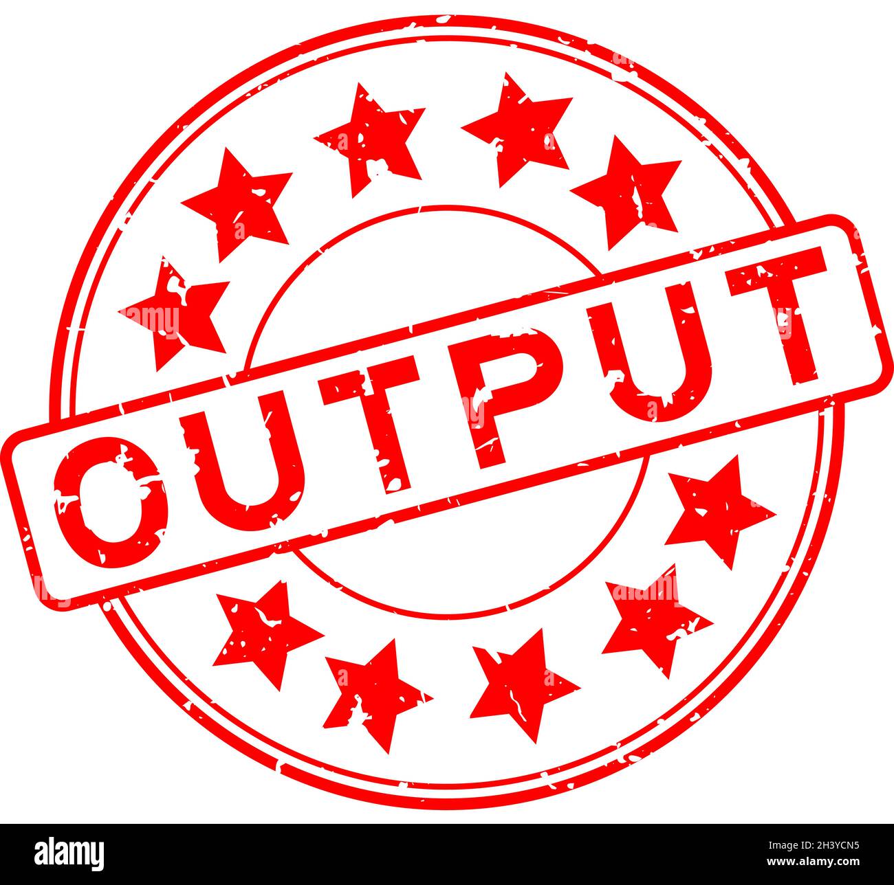 Grunge red output word with star icon round rubber seal stamp on white ...