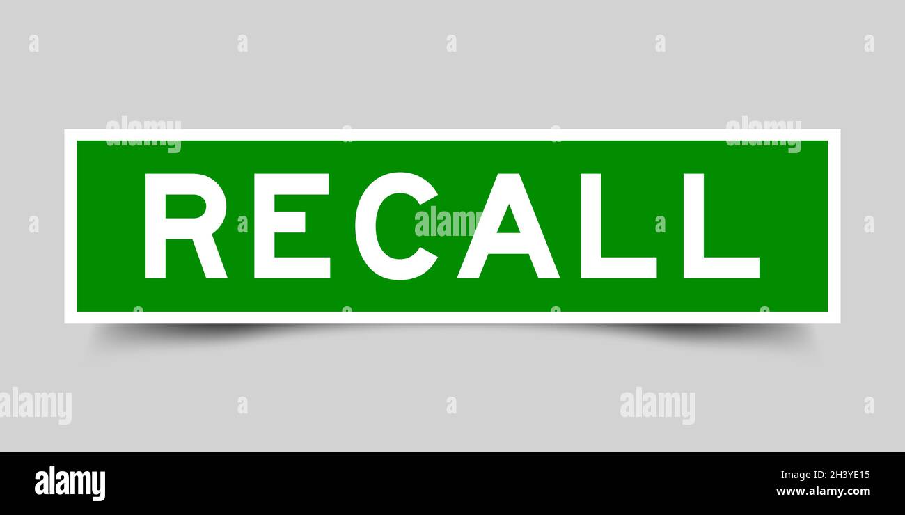 Square label banner with word recall in green color on gray background ...