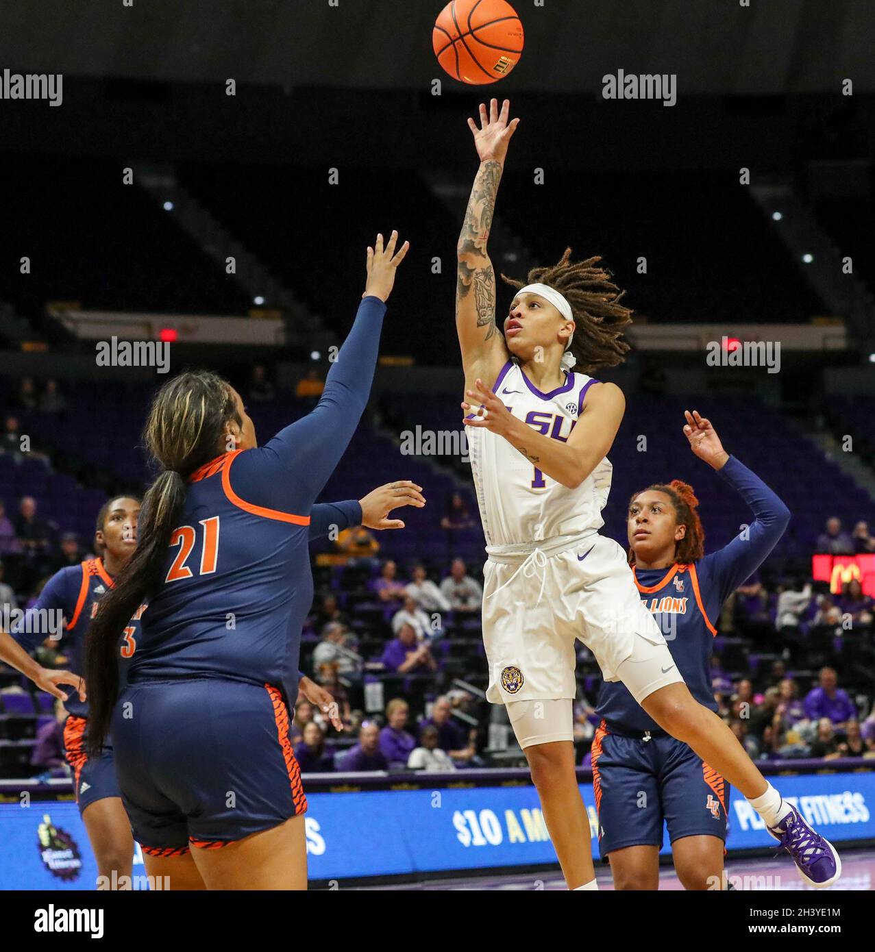Baton Rouge, LA, USA. 30th Oct, 2021. LSU's Jailin Cherry (1) puts up a ...