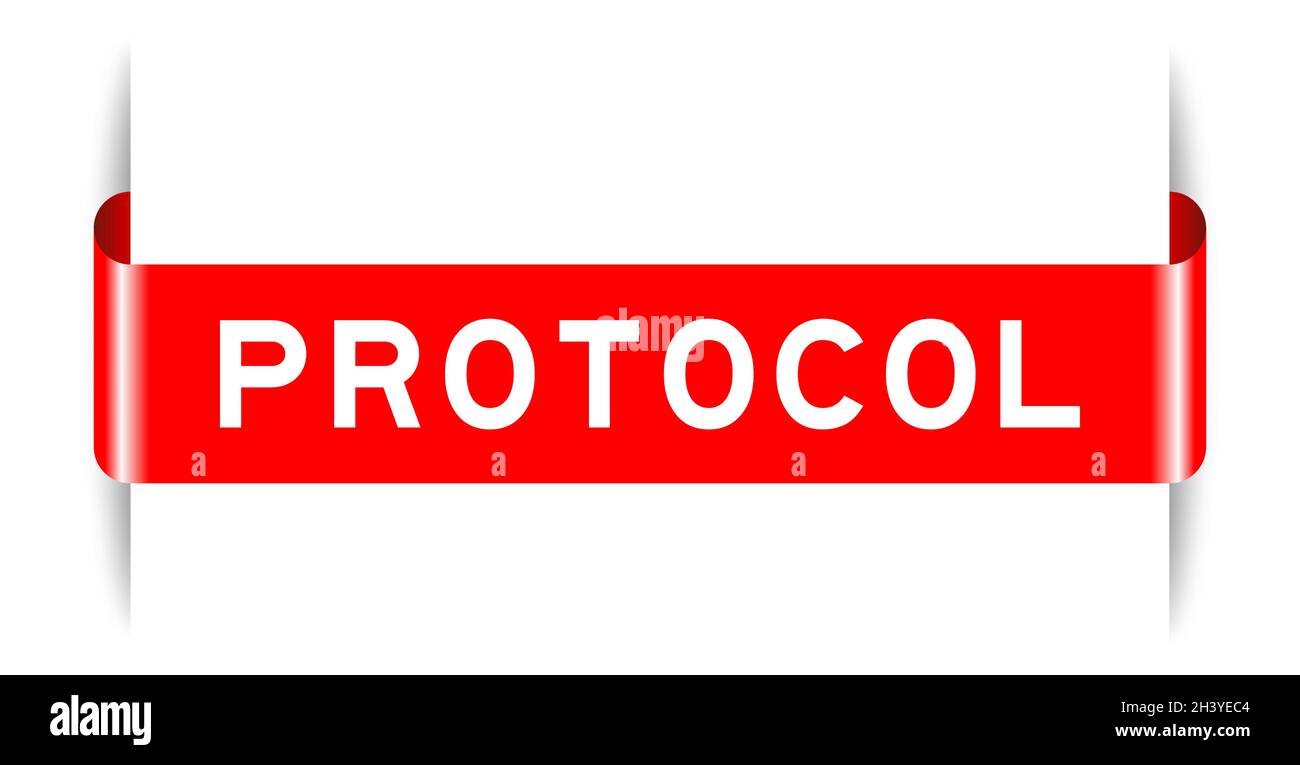 Red color inserted label banner with word protocol on white background ...