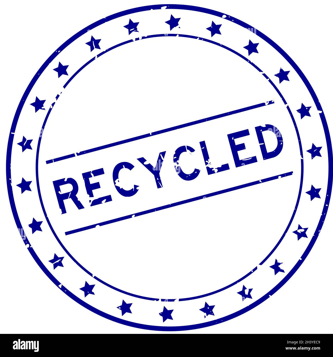 Grunge blue recycled word round rubber seal stamp on white background ...