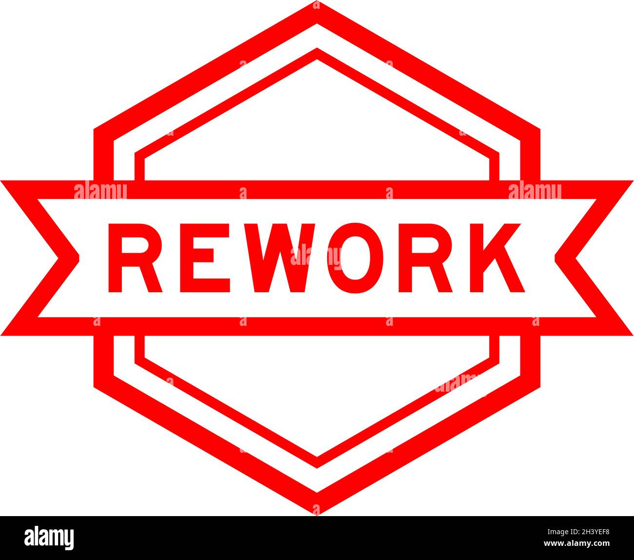 Vintage red color hexagon label banner with word rework on white ...