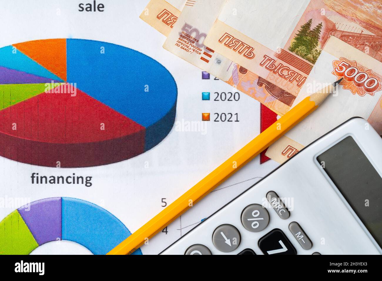 Financial chart with Russian rubles money stack with calculator ...
