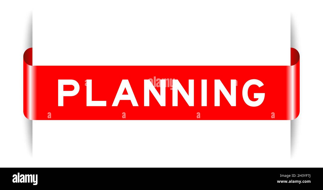 Red color inserted label banner with word planning on white background ...