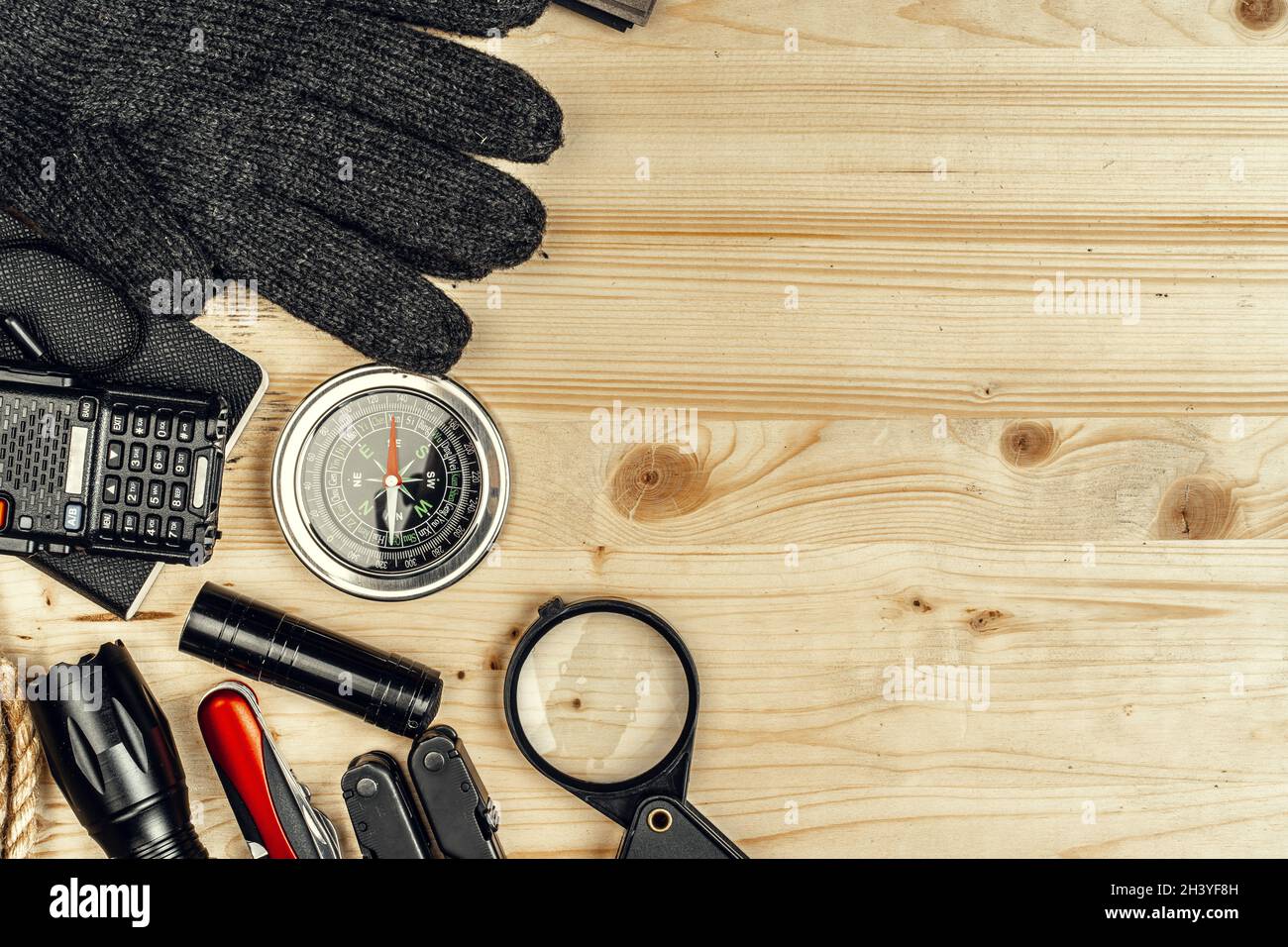 travel hiking equipment tools, view from above Stock Photo - Alamy