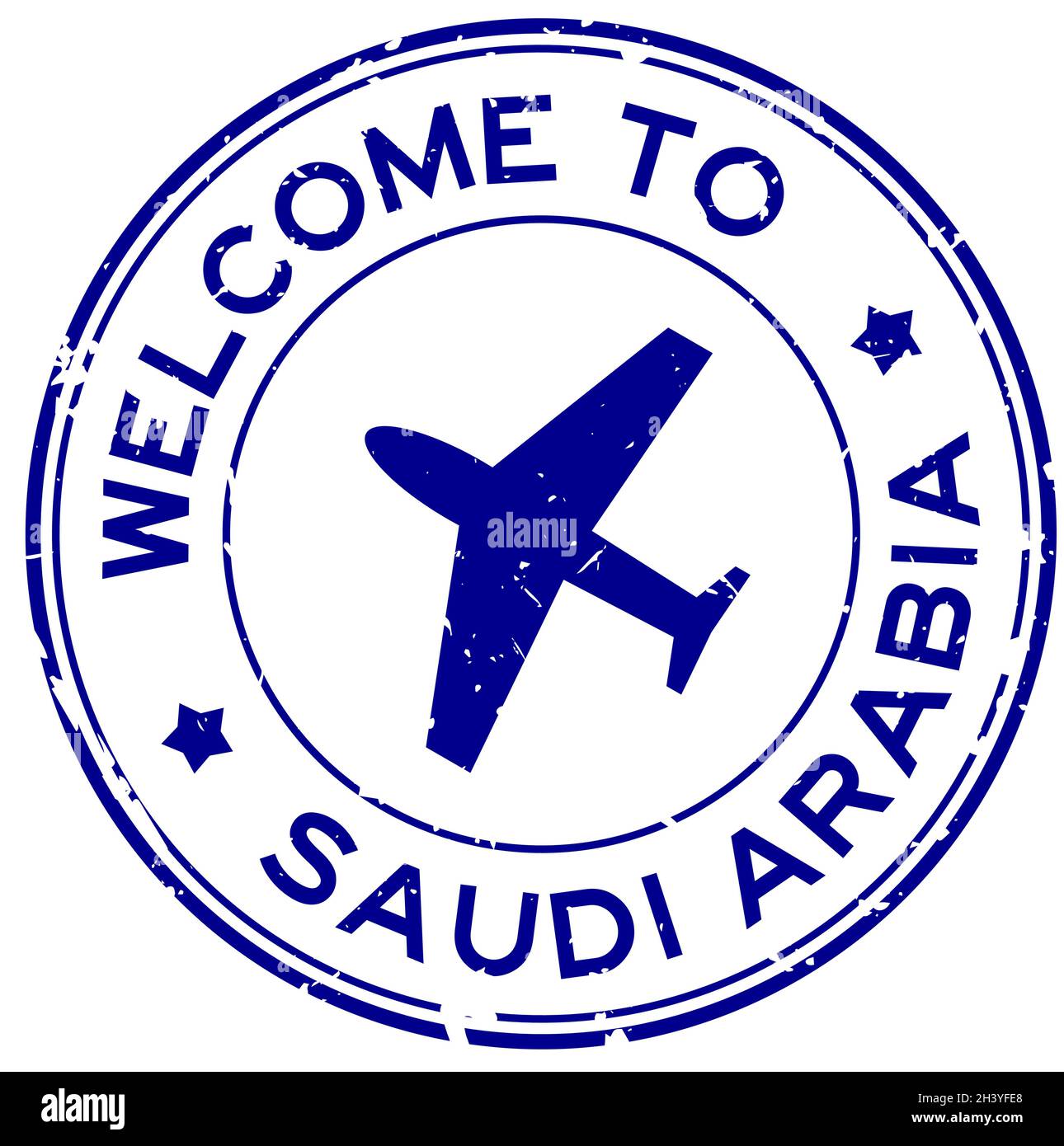 Grunge blue welcome to Saudi Arabia word with airplane icon round ...
