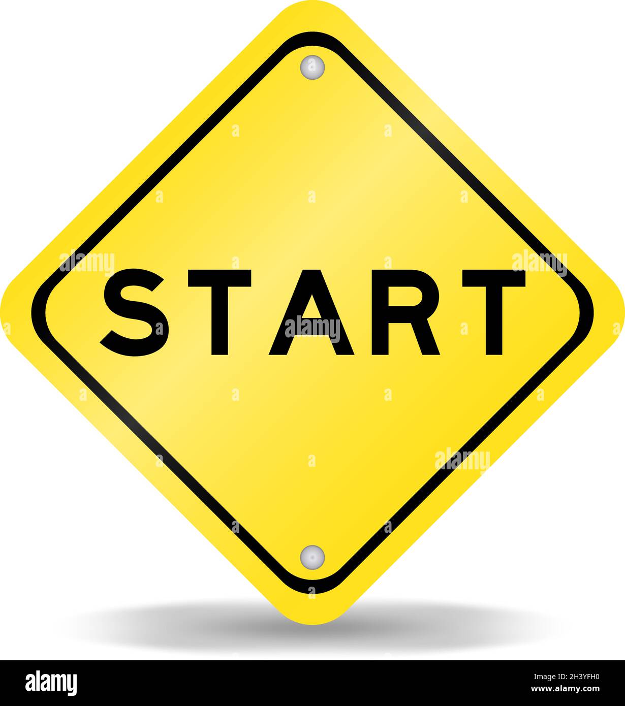 Yellow color transportation sign with word start on white background ...