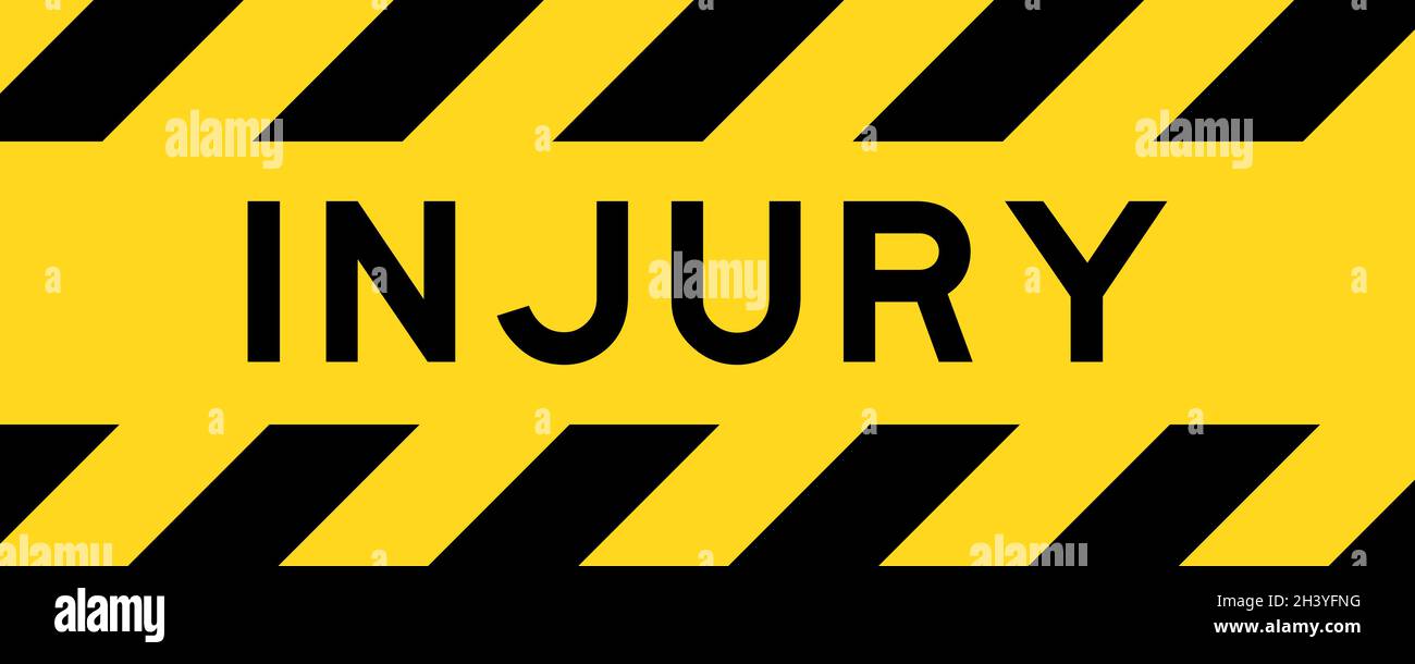 Yellow and black color with line striped label banner with word injury ...