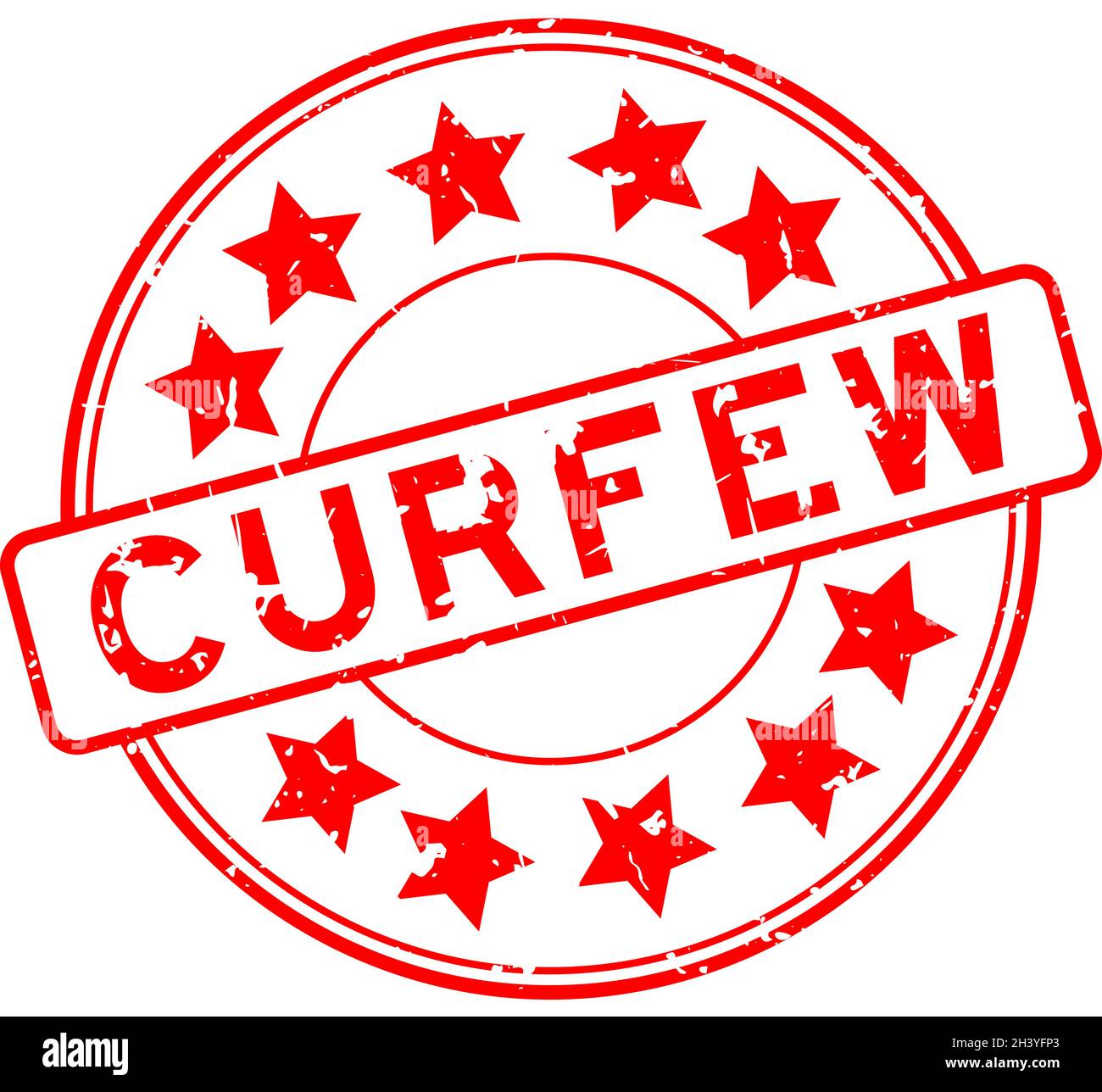 Grunge red curfew word with star icon round rubber seal stamp on white ...