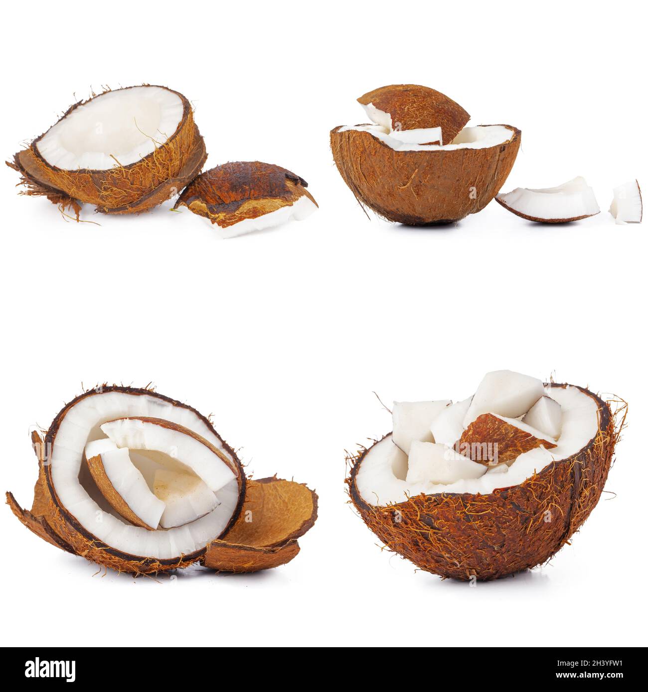 Collage of broken coconut pieces isolated on white background Stock ...
