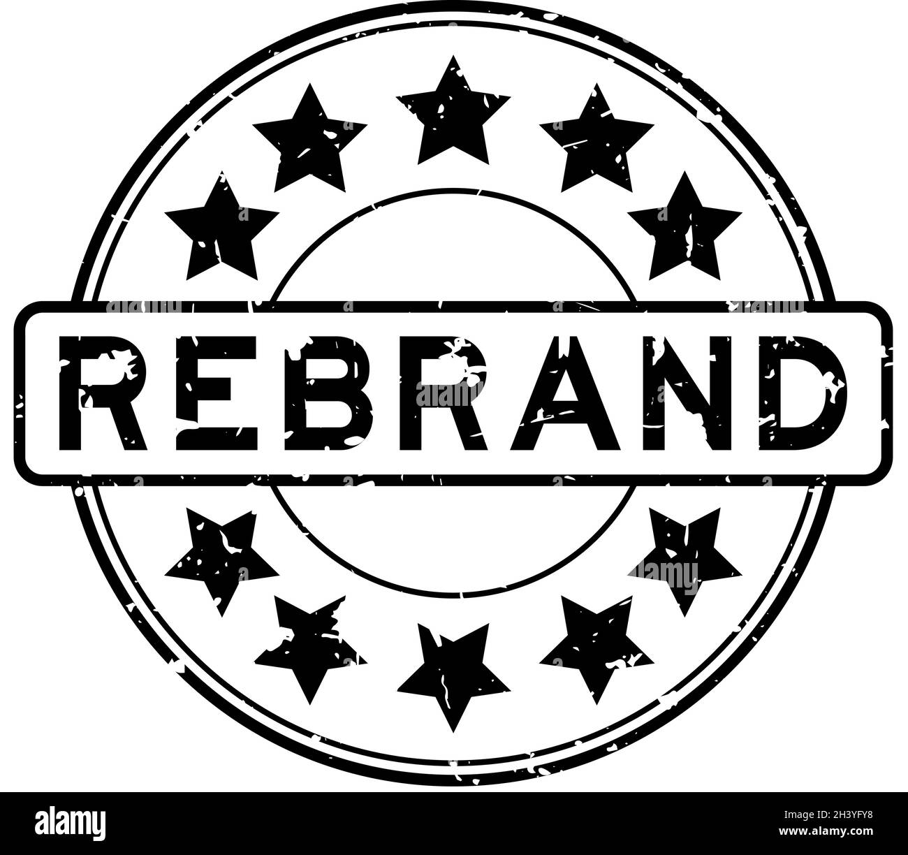 Grunge black rebrand word with star icon round rubber seal stamp on ...