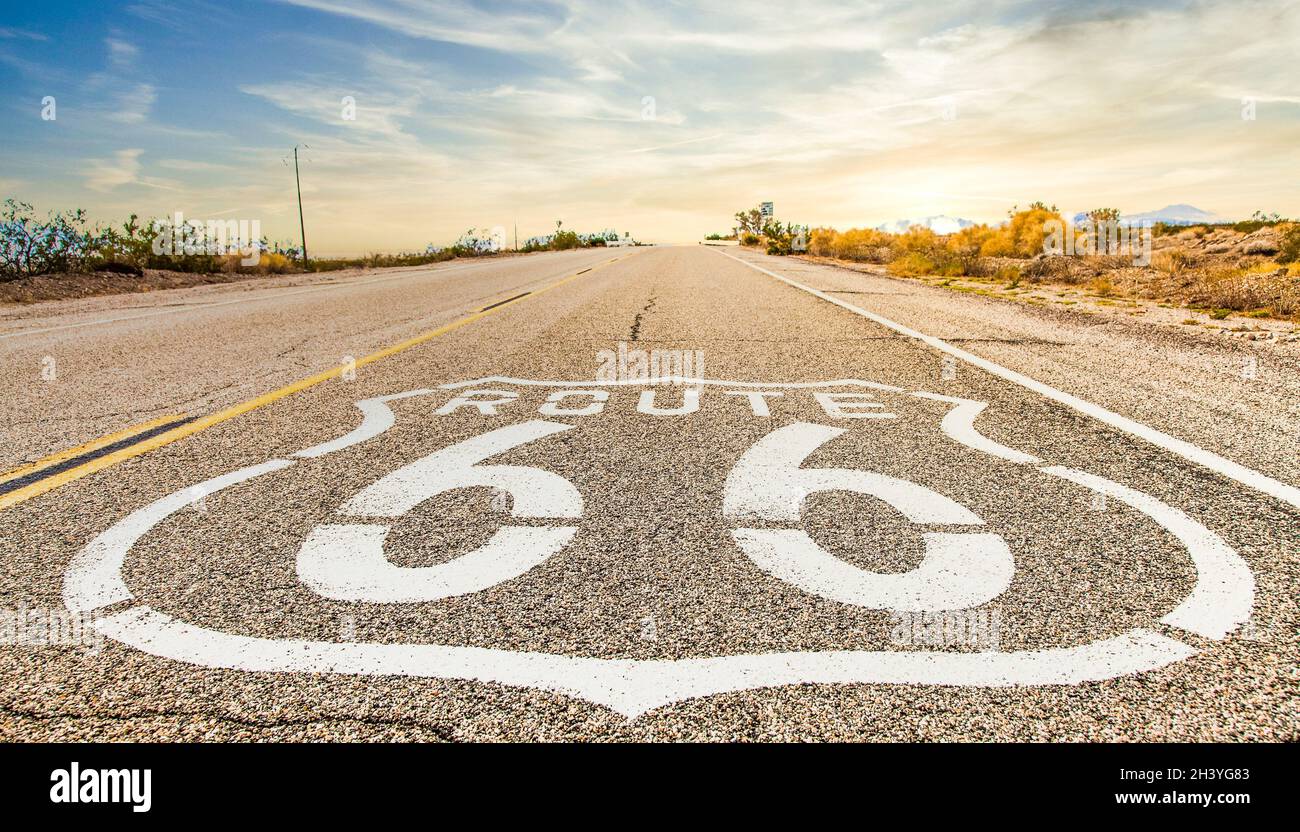 Route 66 road sign with blue sky background. Classic concept for travel ...