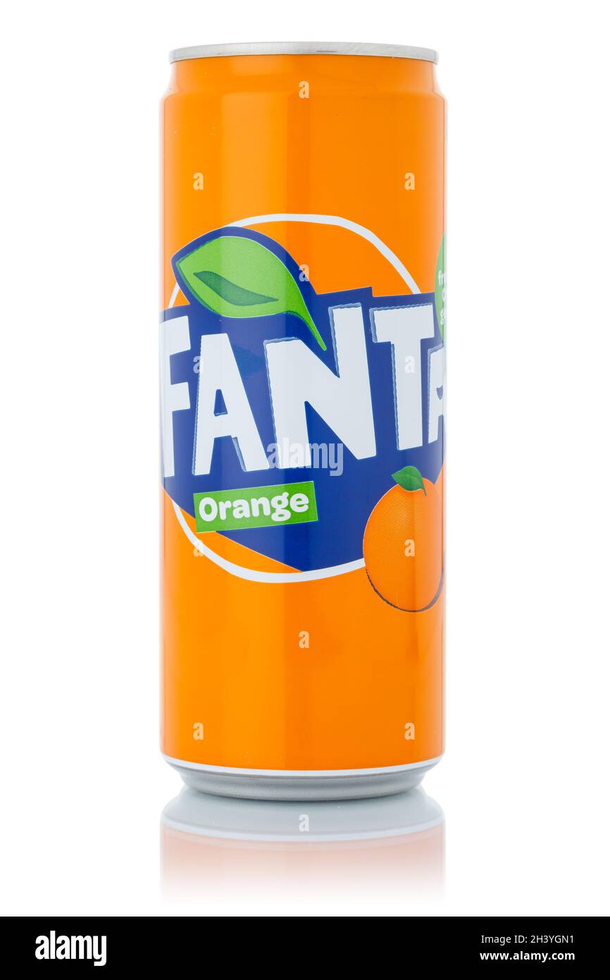 Fanta Orange lemonade soft drink beverage in can cropped isolated against a white background ...