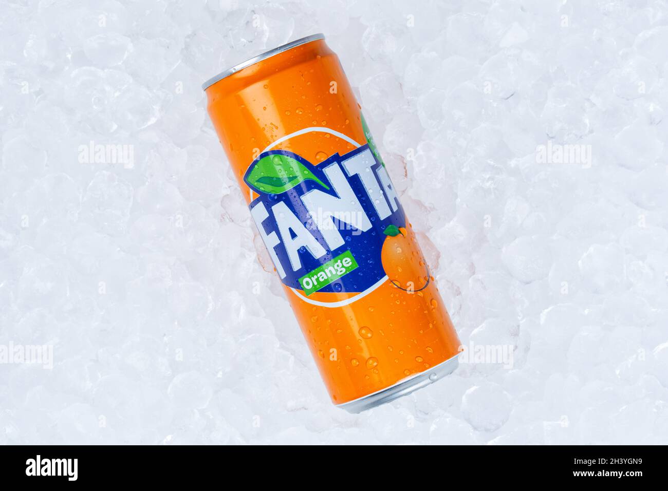 Fanta Orange Lemonade Soft Drink Drink In Can Ice Ice Cube Stock Photo - Alamy