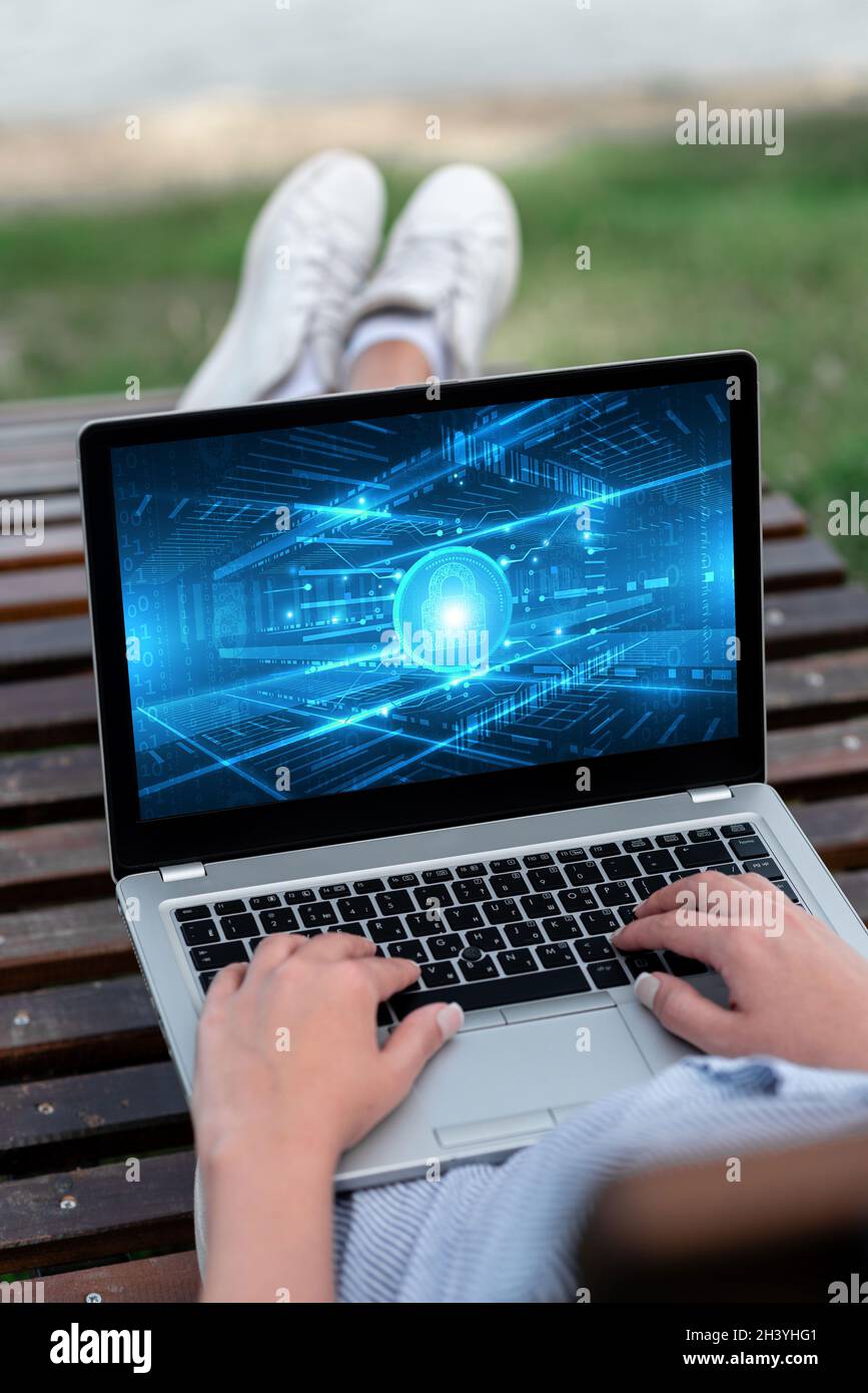 Laptop Resting On Lap Of Woman With Cross Leg Outdoors Accomplishing ...