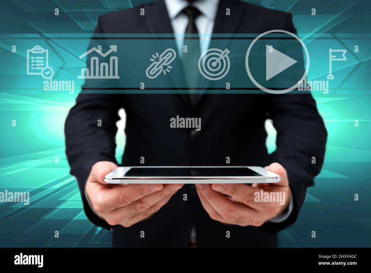 Man In Office Uniform Standing Holding Tablet Displaying New Modern ...