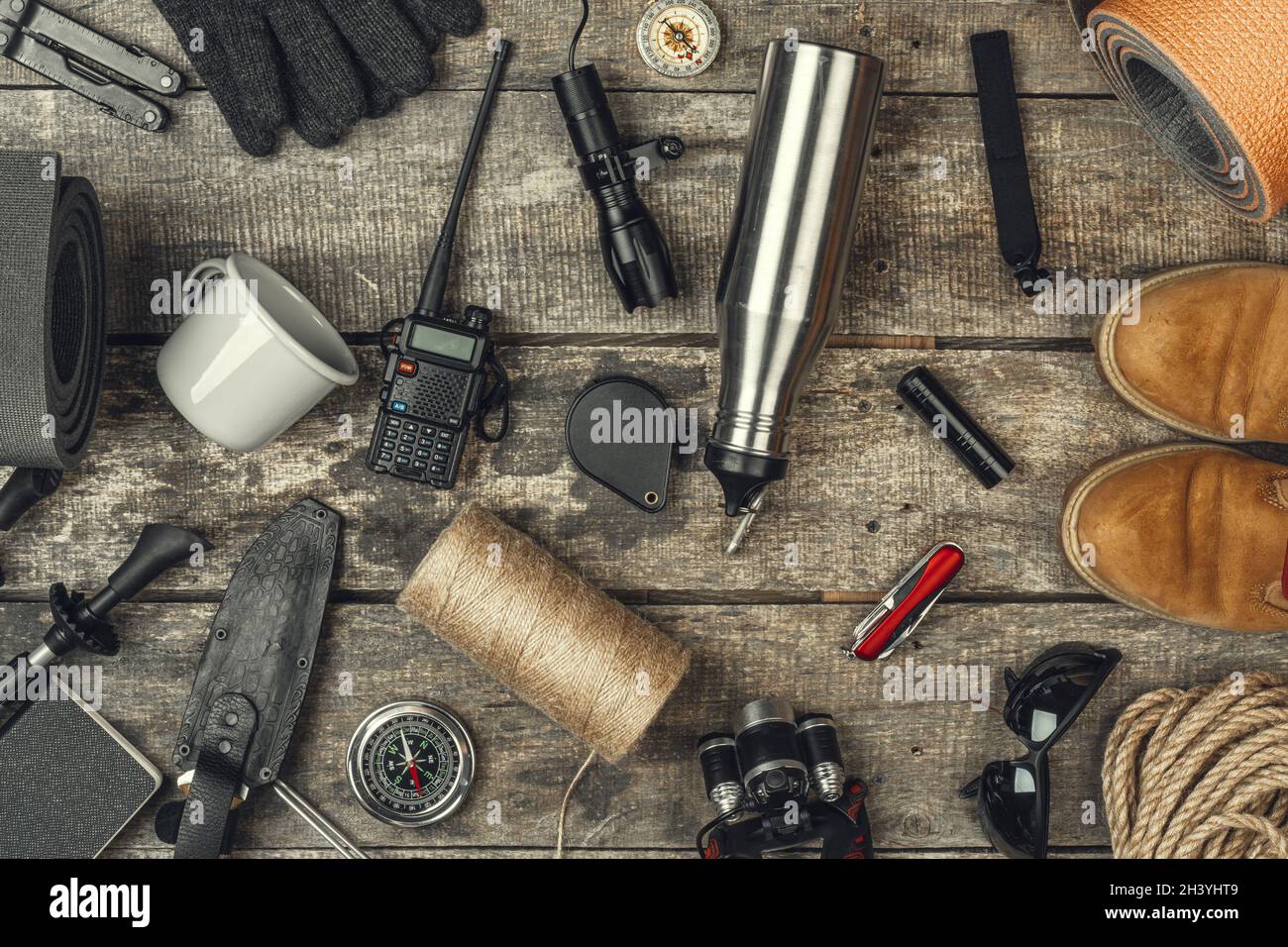travel hiking equipment tools, view from above Stock Photo - Alamy