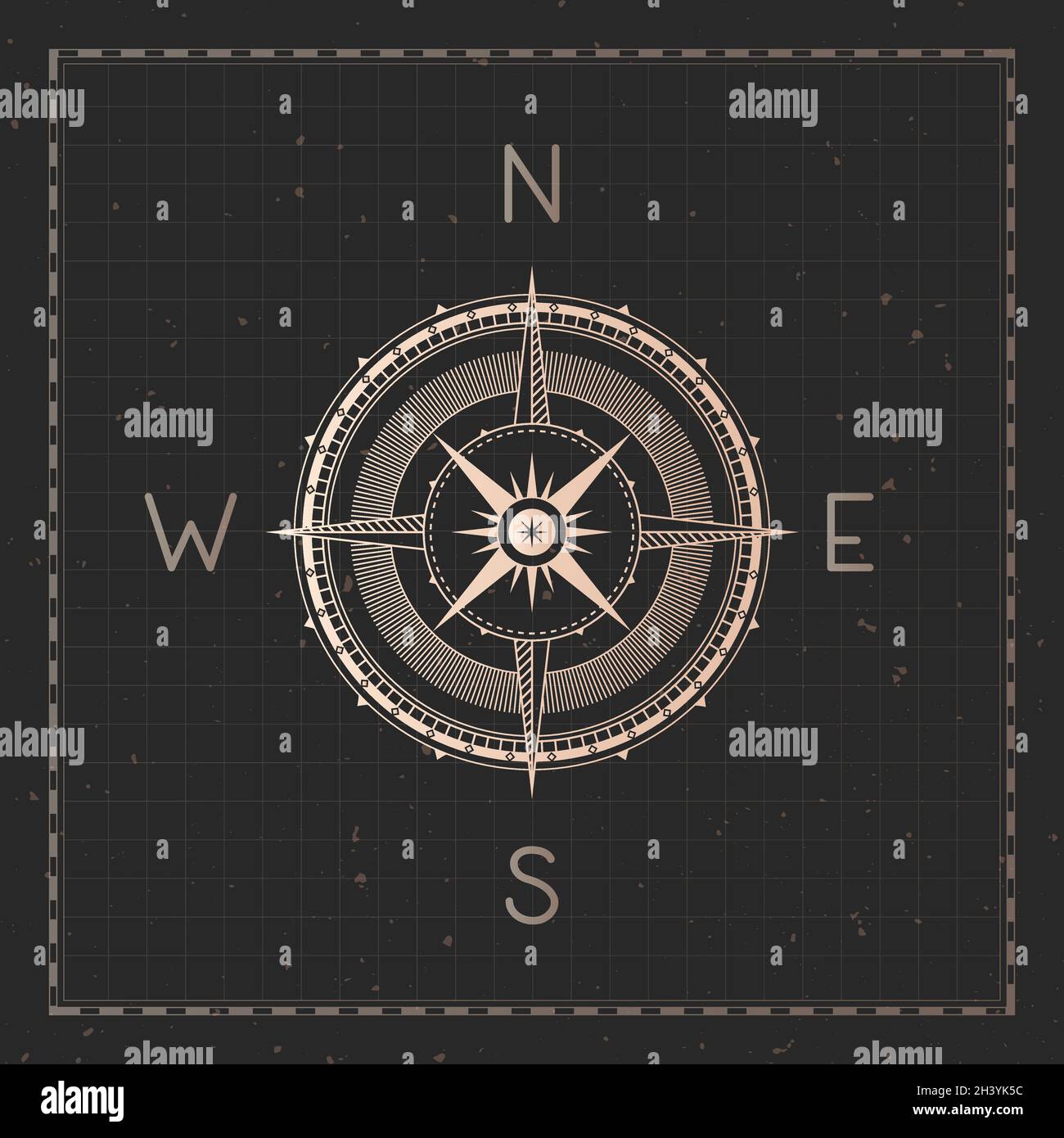 Vector illustration with gold compass or wind rose and frame on dark ...