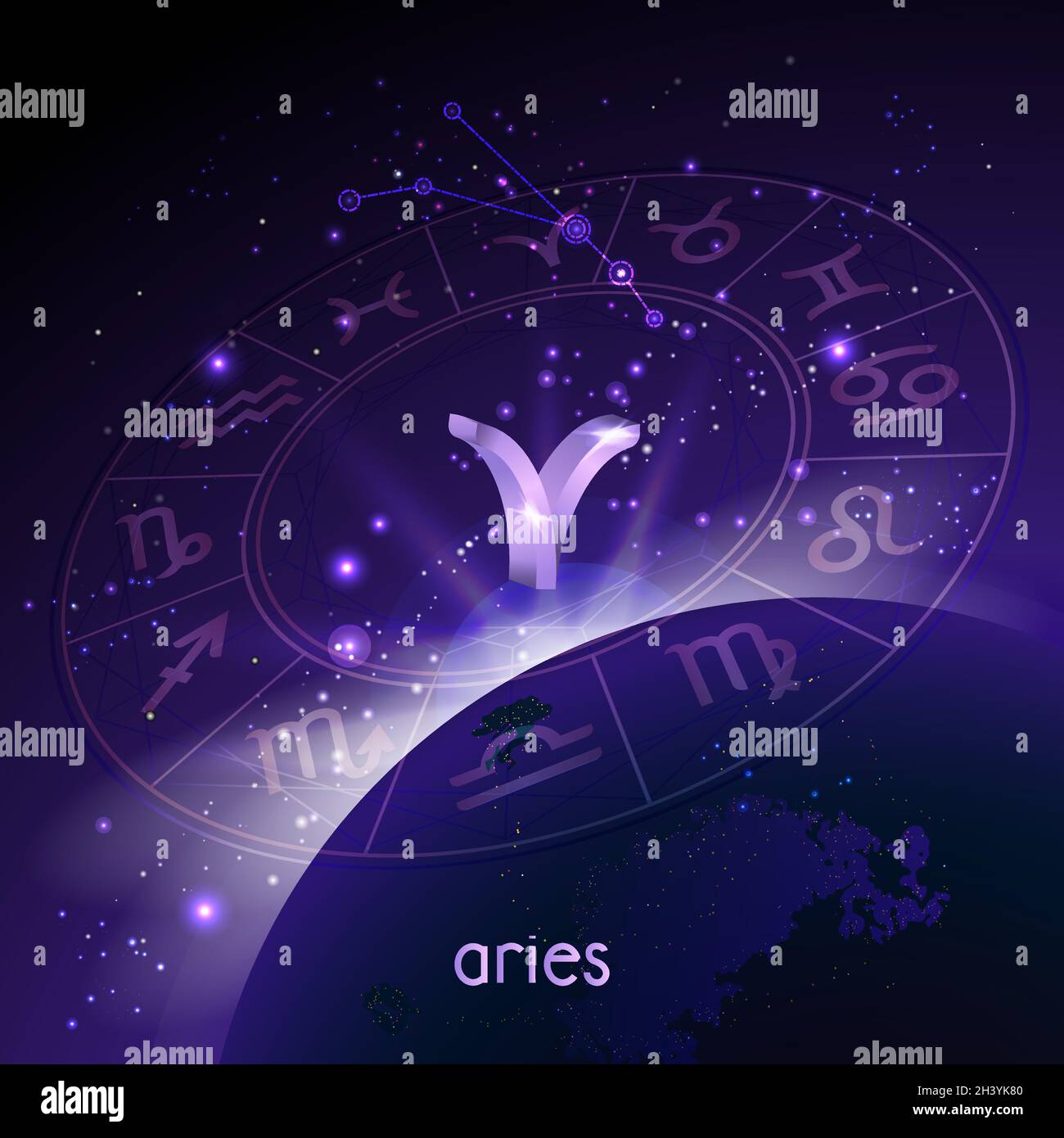 Vector illustration of 3D sign and constellation ARIES with Horoscope ...