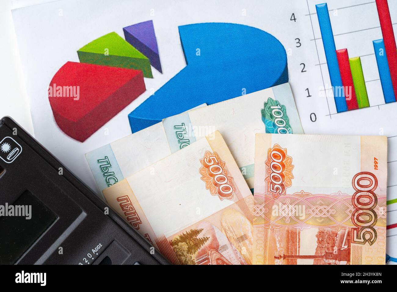 Financial chart with Russian rubles money stack with calculator ...