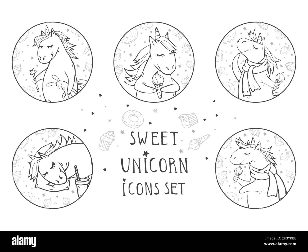 Vector set of black icons with hand drawn cute unicorns. Text - SWEET ...
