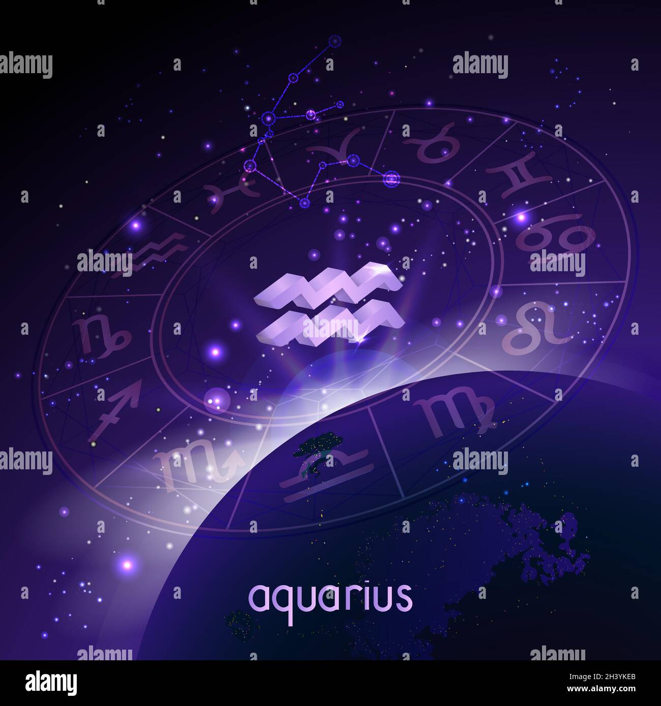 Vector illustration of 3D sign and constellation AQUARIUS with ...