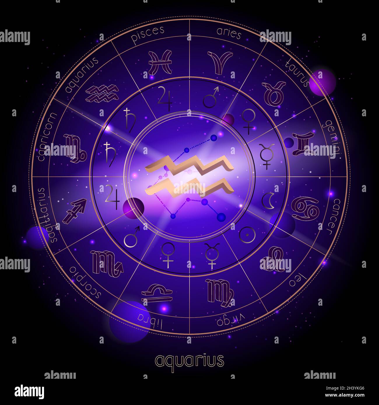 Vector illustration of sign and constellation AQUARIUS and Horoscope ...