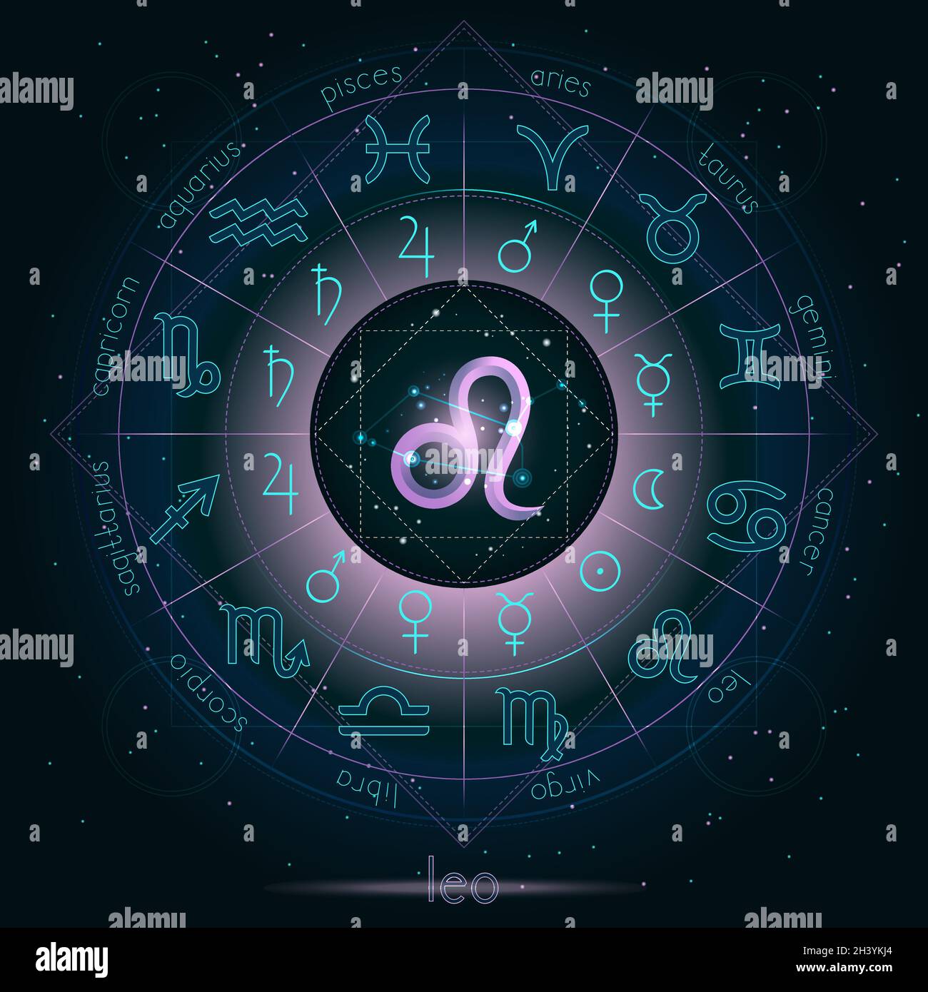 Zodiac sign and constellation LEO with Horoscope circle on the starry ...