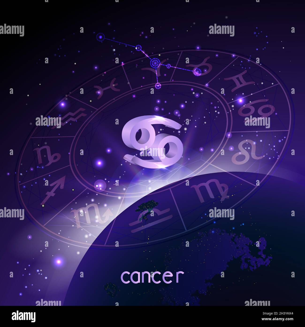 Vector illustration of 3D sign and constellation CANCER with Horoscope ...