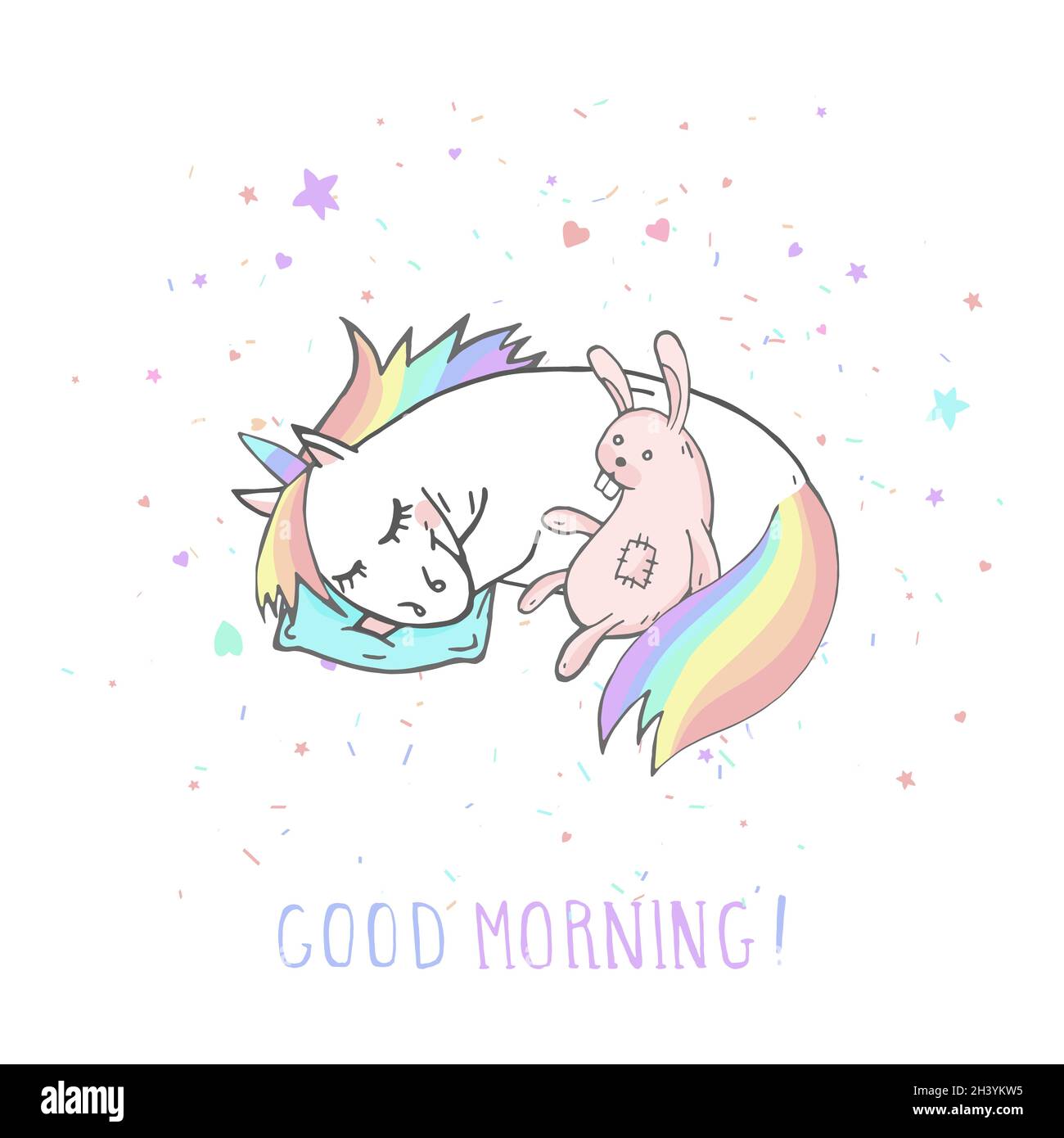 Vector illustration of hand drawn sleeping unicorn with bunny toy and ...