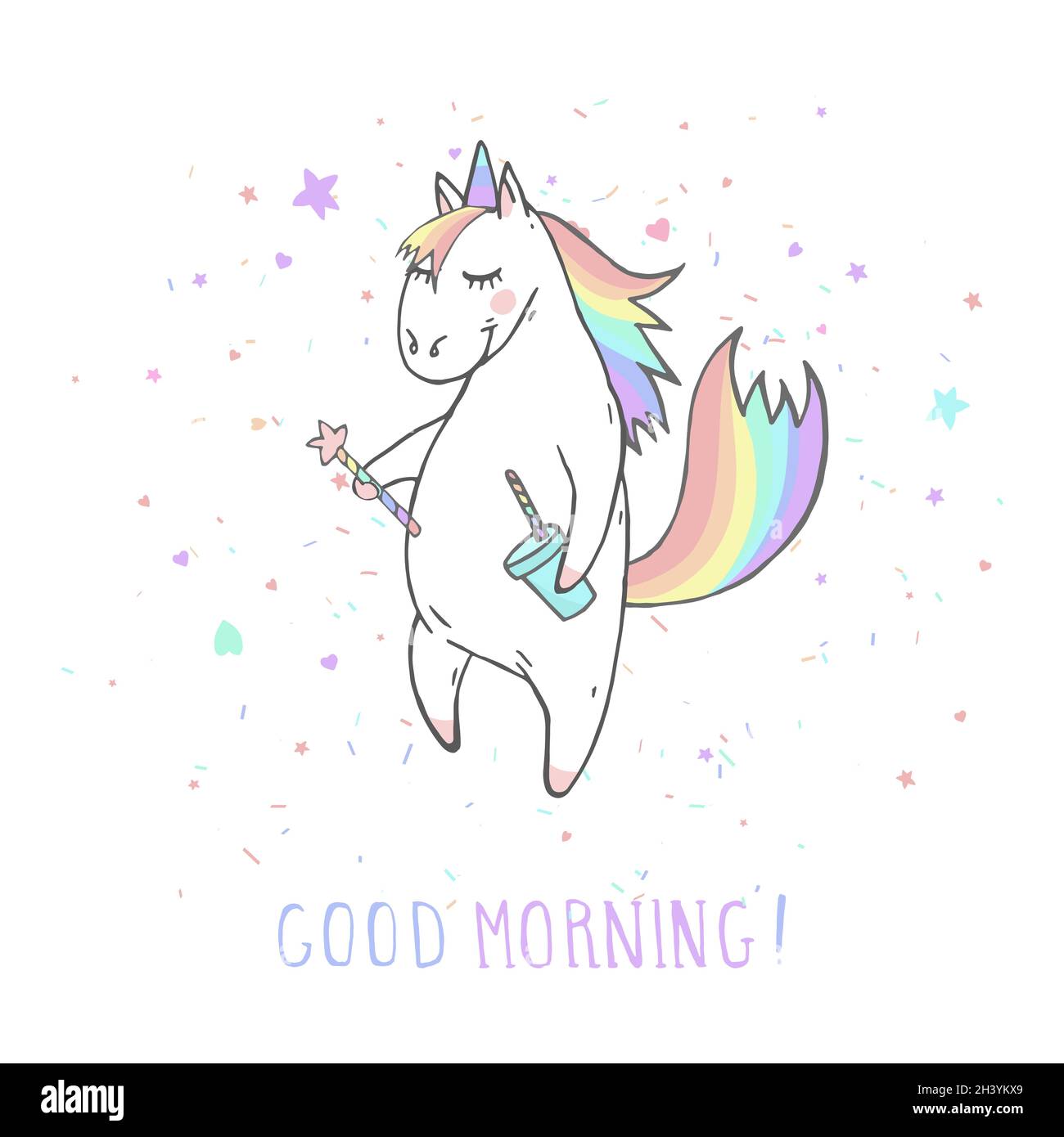 Vector illustration of hand drawn cute unicorn with magic wand, coffee ...