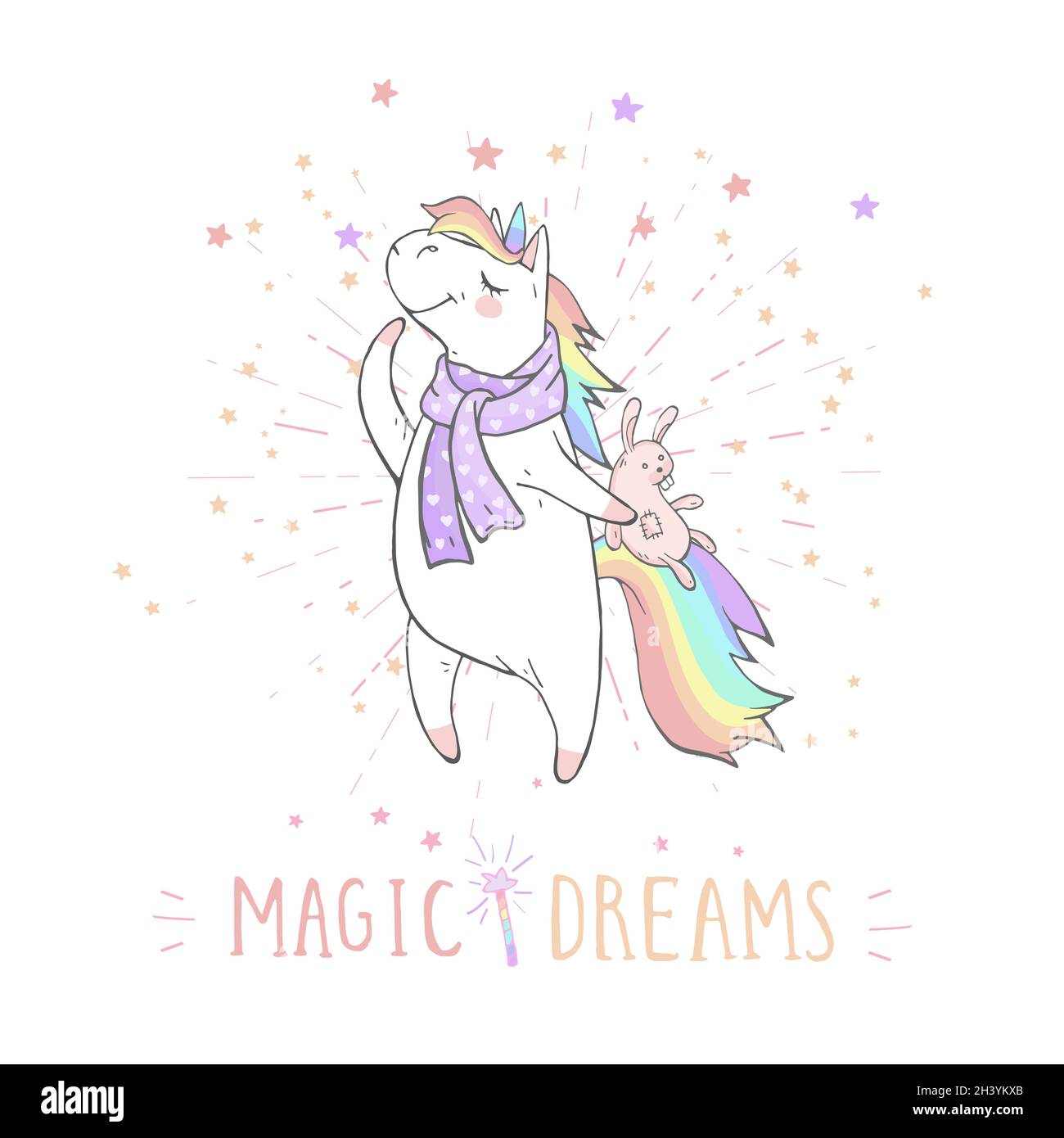 Vector illustration of hand drawn cute unicorn in scarf with bunny toy ...