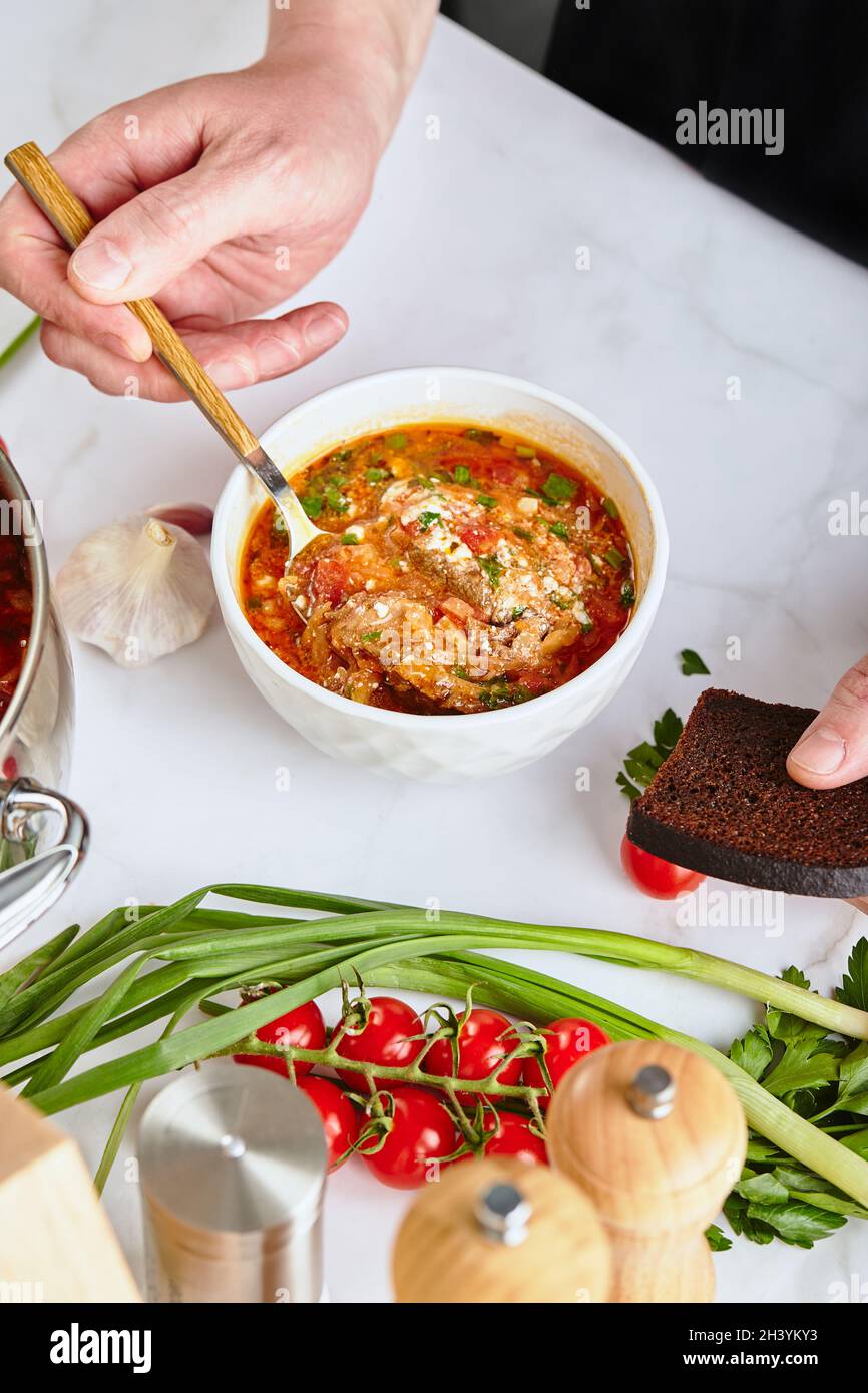 Ukrainian and Russian traditional red beet soup borsch, made from beets ...
