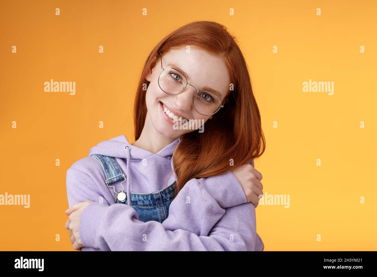 Passion, tenderness, wellbeing concept. Girl accept own self smiling ...