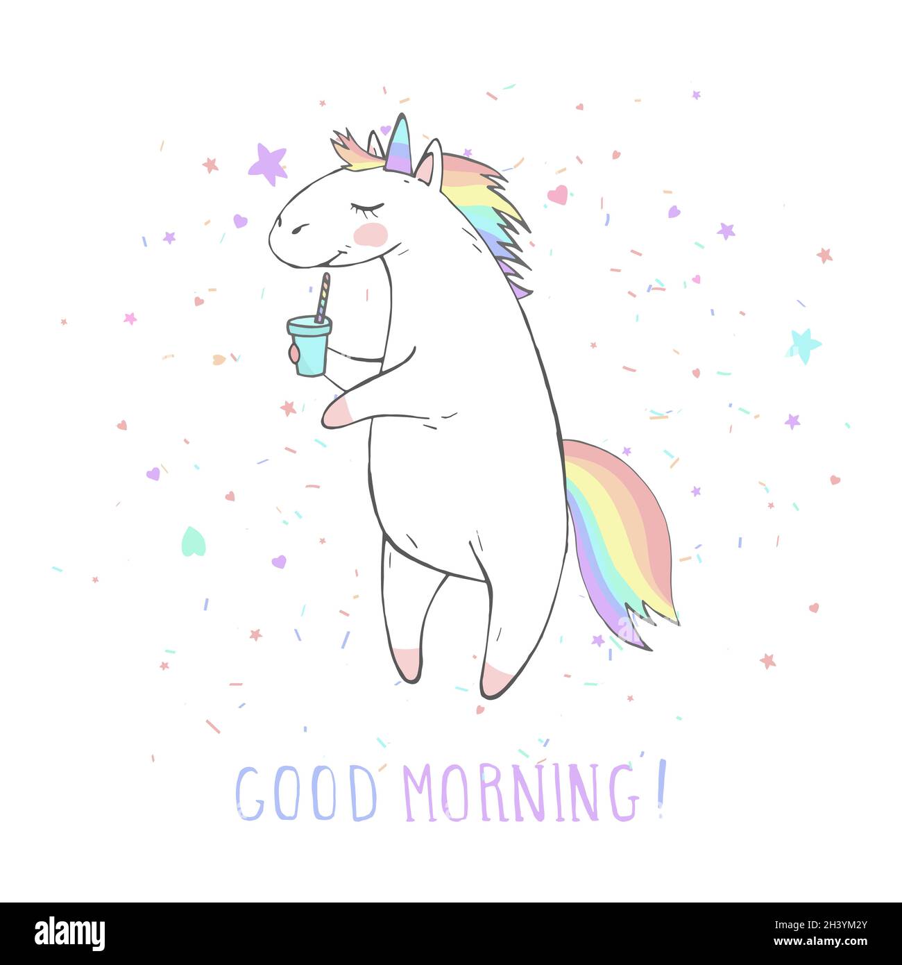 Vector illustration of hand drawn cute unicorn with coffee and text ...