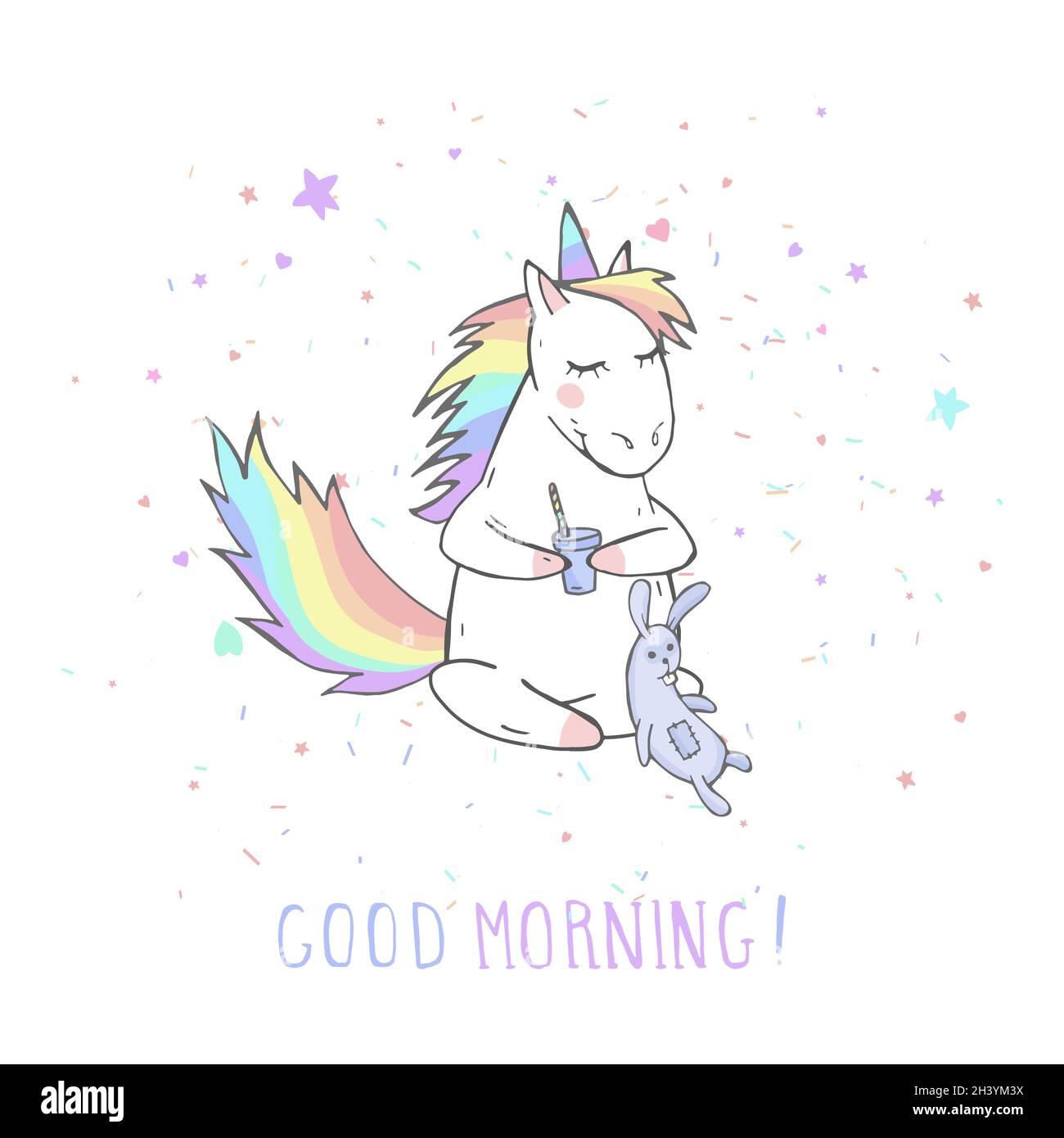 Vector illustration of hand drawn cute unicorn with bunny toyand ...