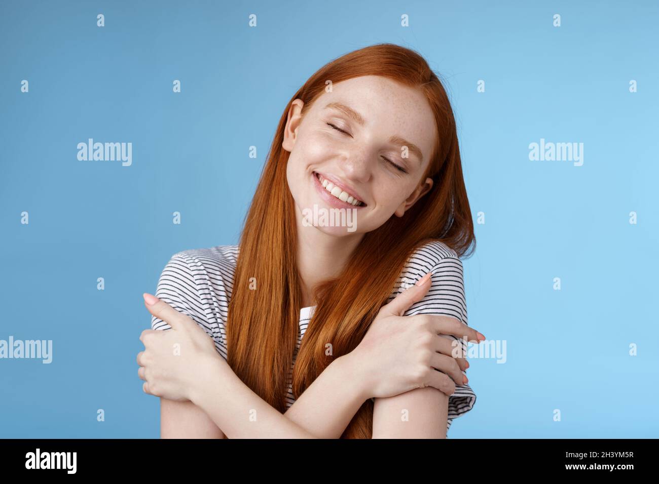 Tender romantic cute young gentle redhead girlfriend close eyes dreamy ...