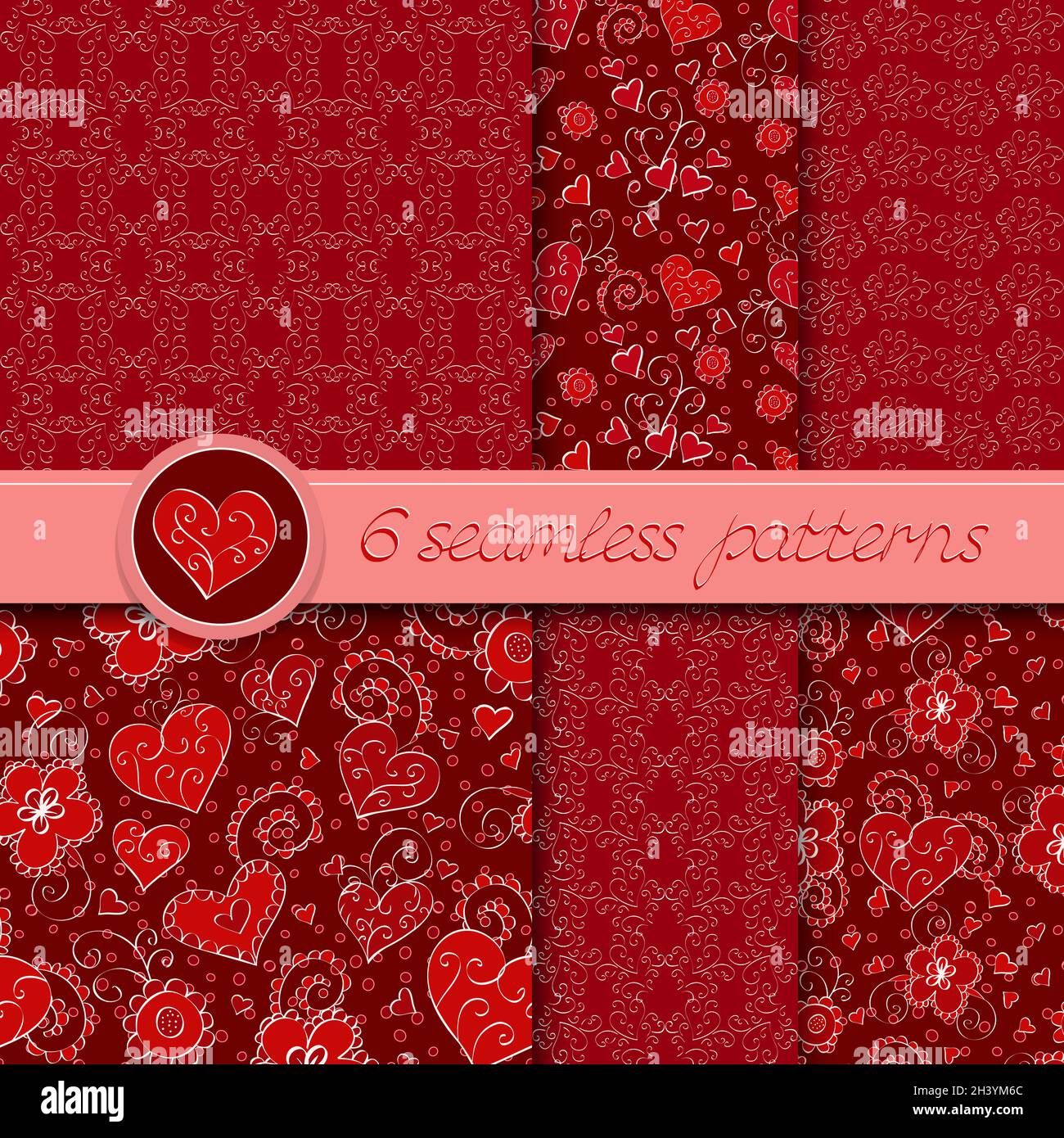 Vector set of six seamless hand drawn patterns for Valentine's Day. In ...