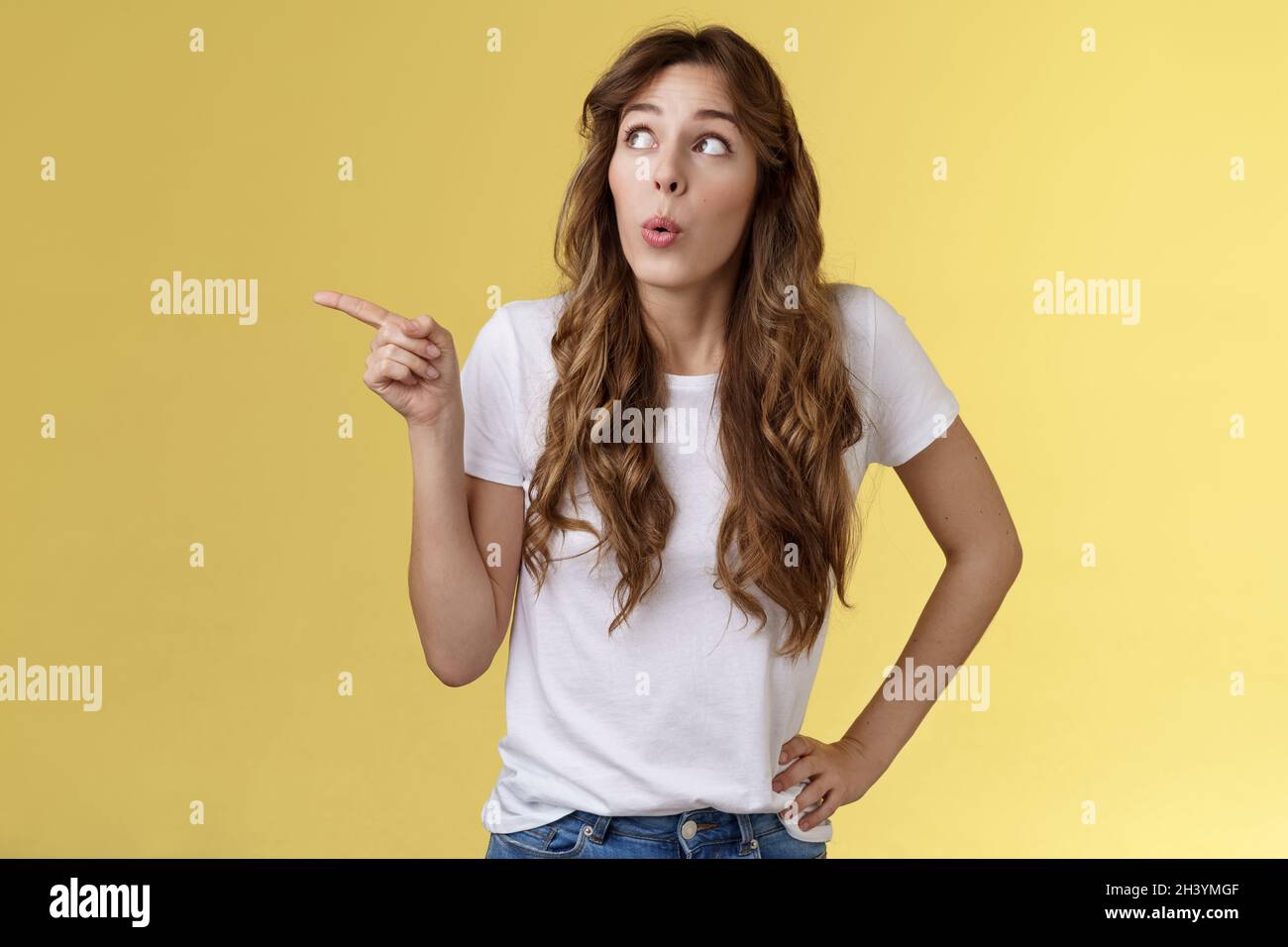 Surprised girl admire awesome offer fold lips intrigued wow sound ...