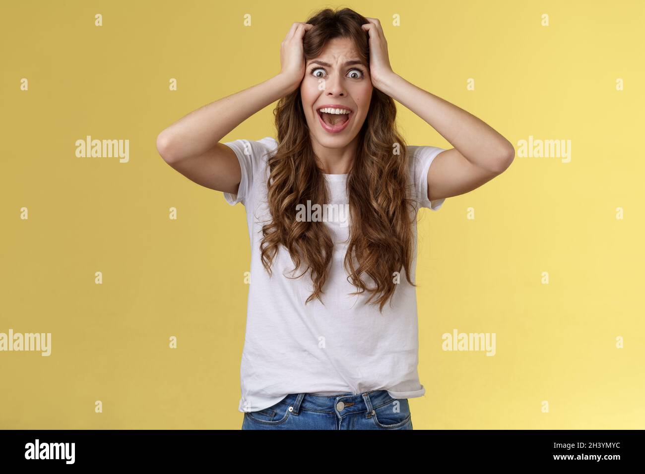 Girl screaming panic. Troubled distressed anxious woman see huge mess ...