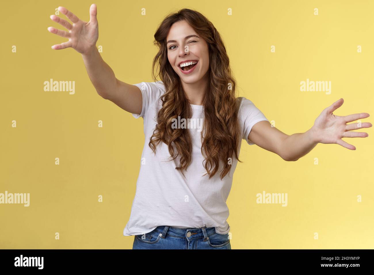 Girl cheering up sad friend wanna comfort girlfriend winking upbeat ...