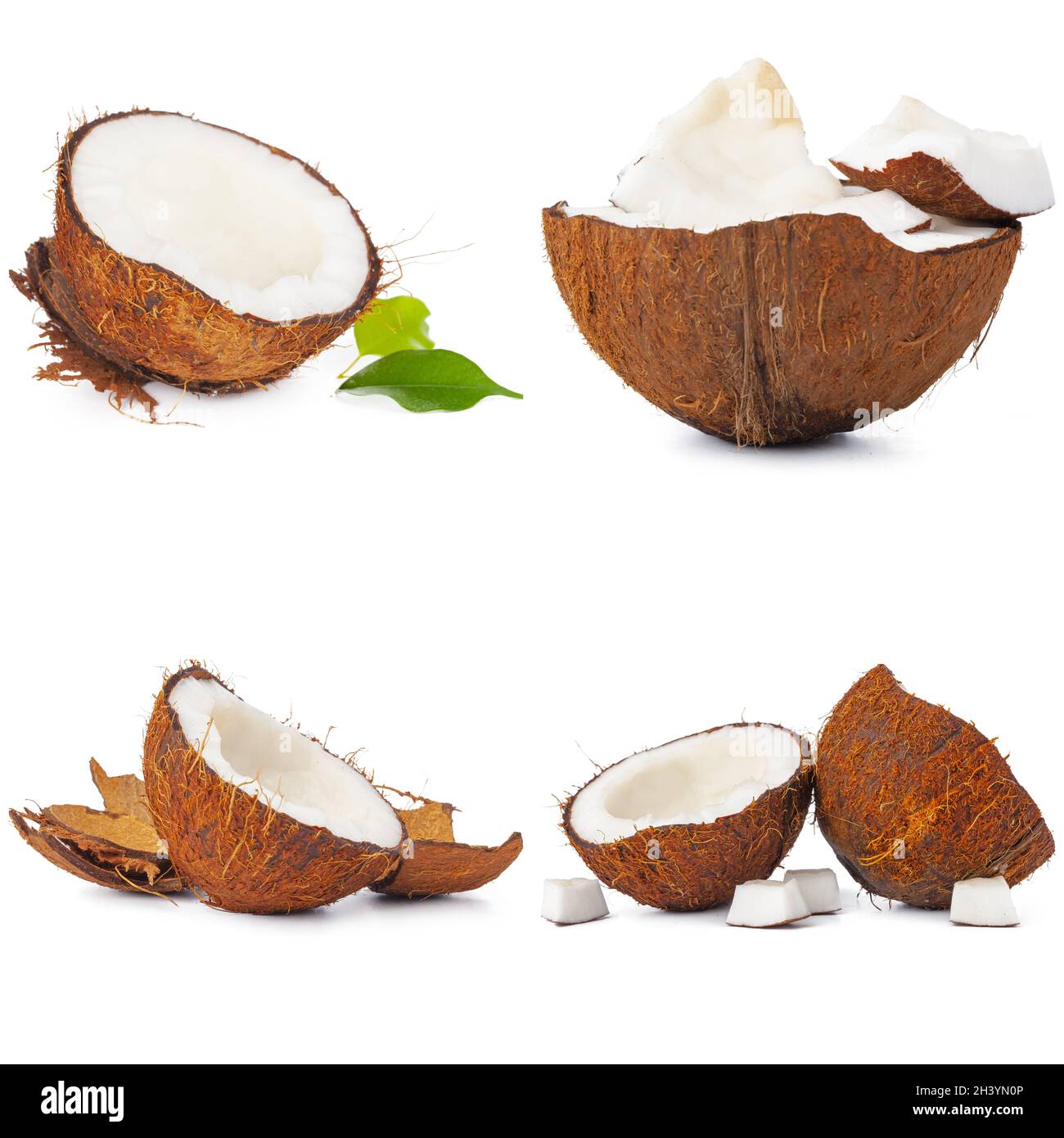 Collage of broken coconut pieces isolated on white background Stock ...