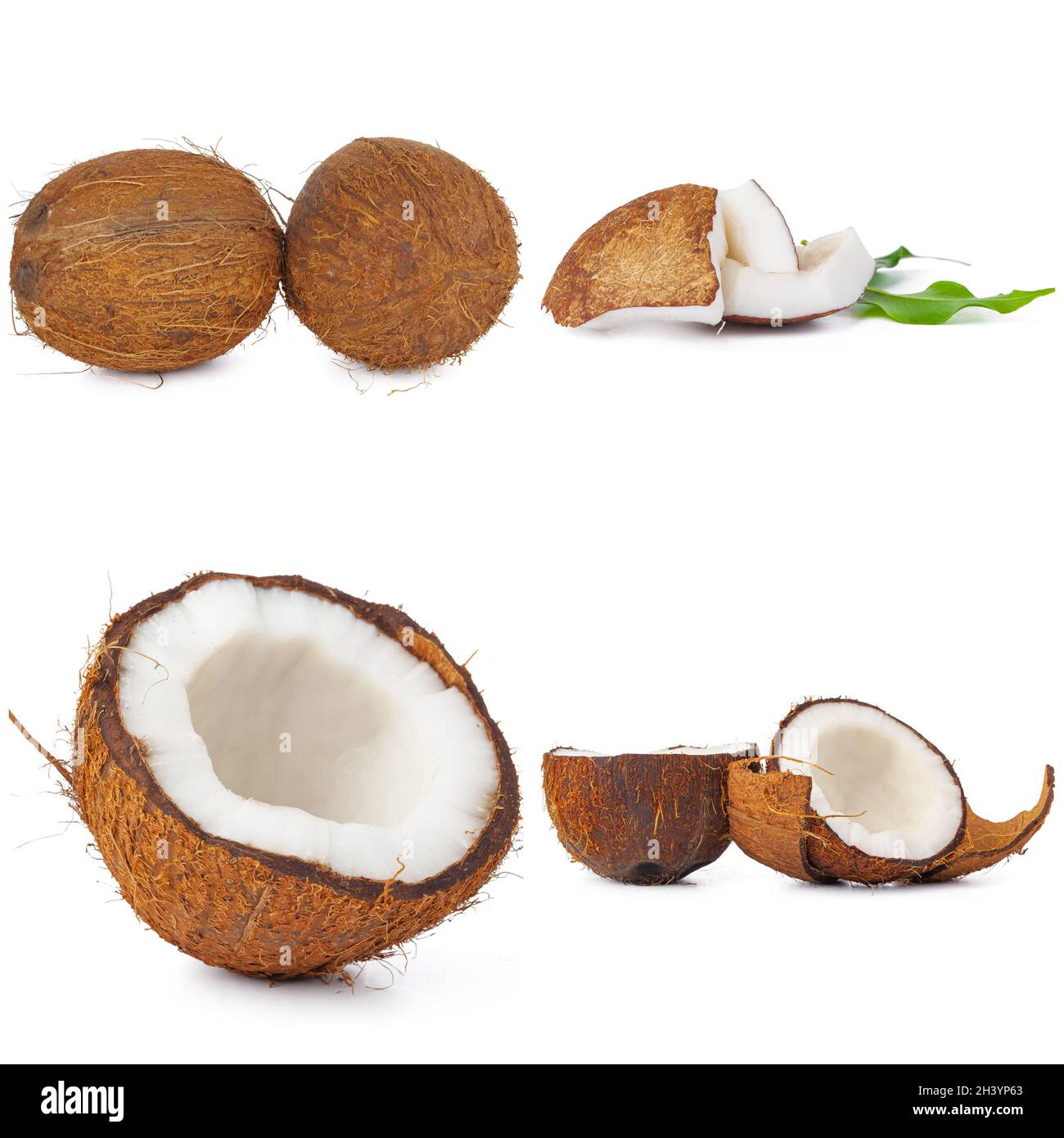 Collage of broken coconut pieces isolated on white background Stock ...