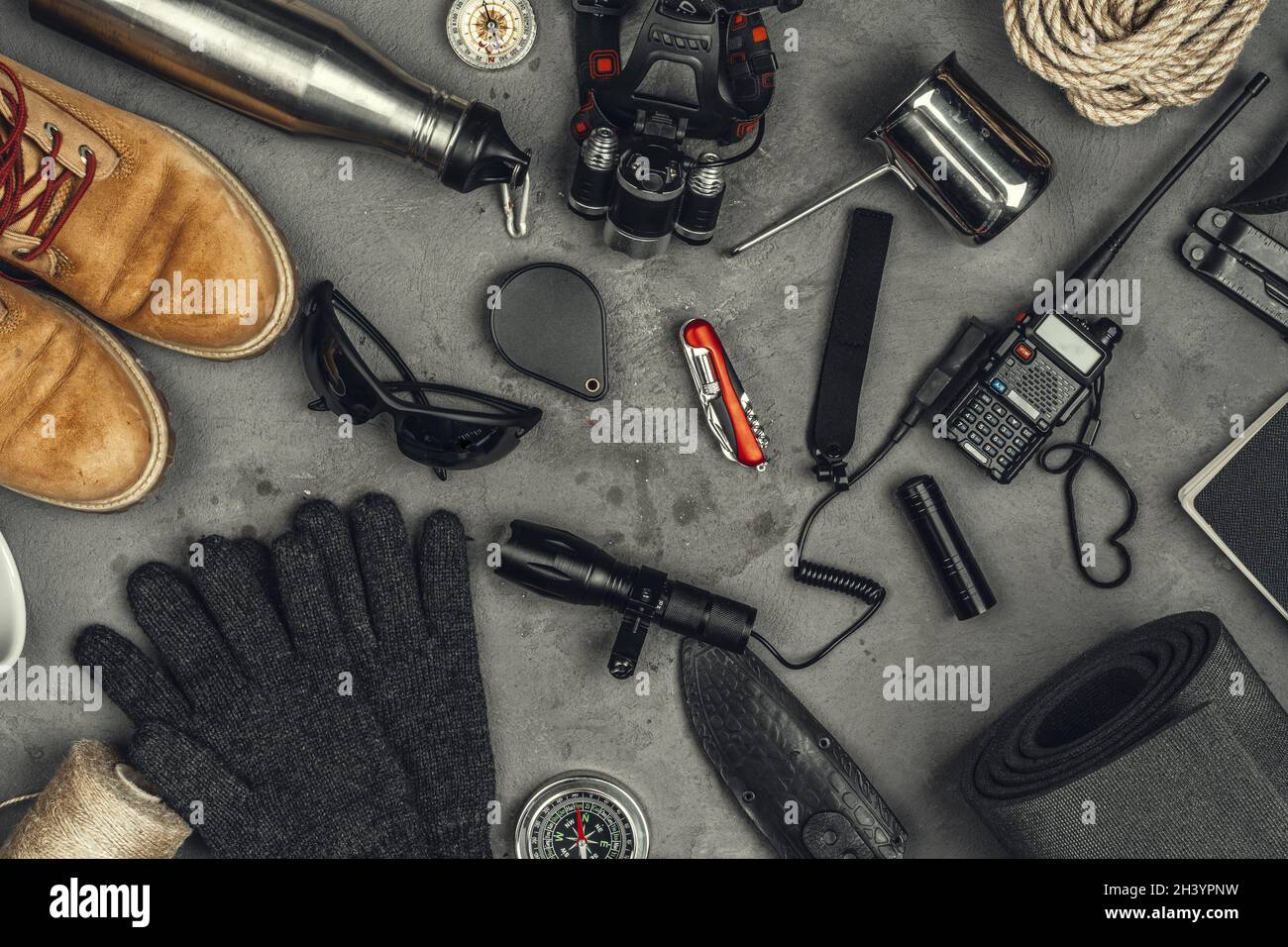travel hiking equipment tools, view from above Stock Photo - Alamy