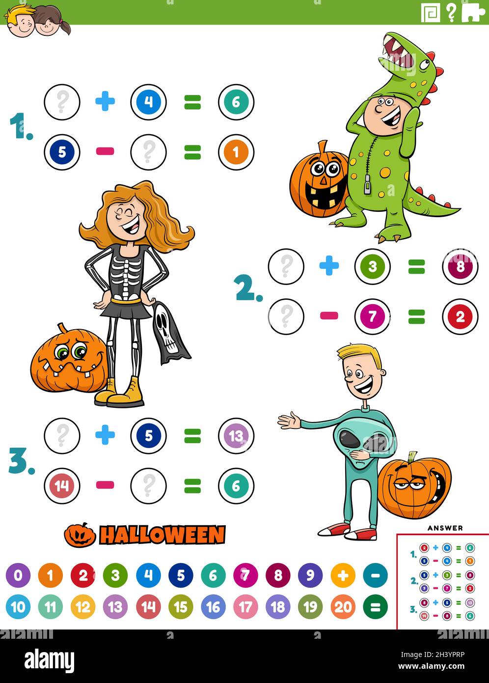 Math addition and subtraction task with kids on Halloween Stock Photo ...