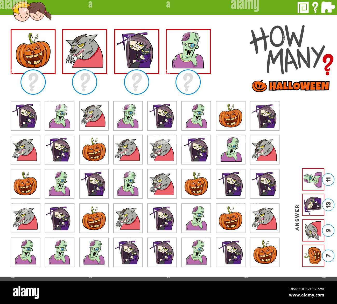 How many cartoon Halloween characters counting game Stock Photo - Alamy