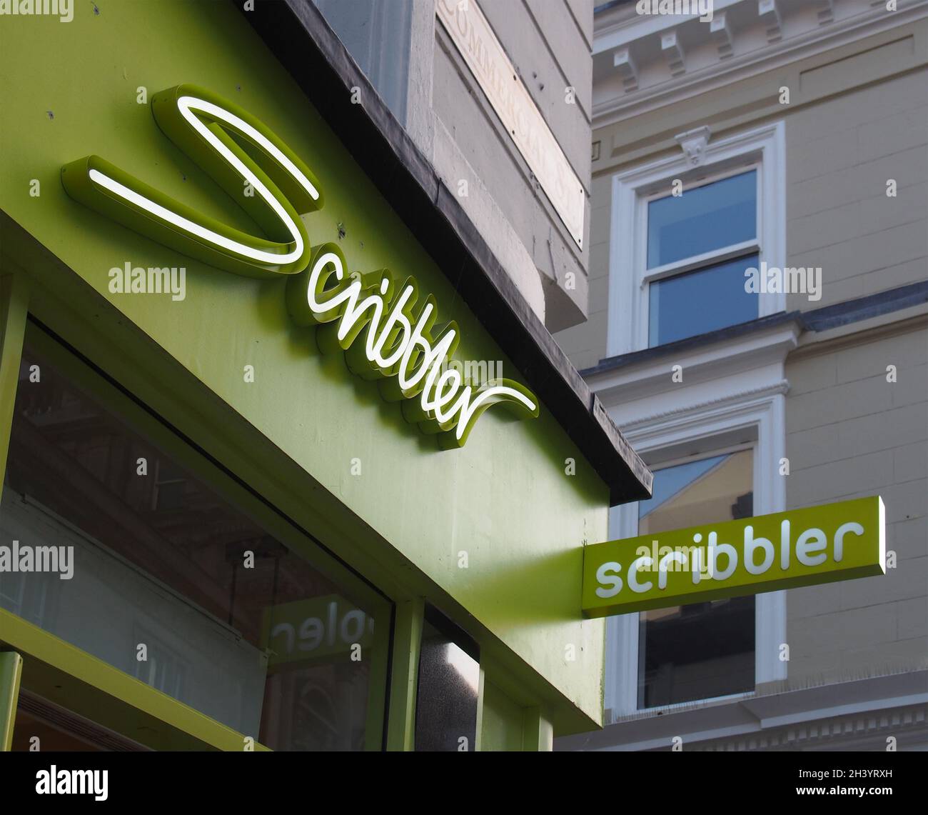 Sign and logo above the entrance of the scribbler cards and gift store ...