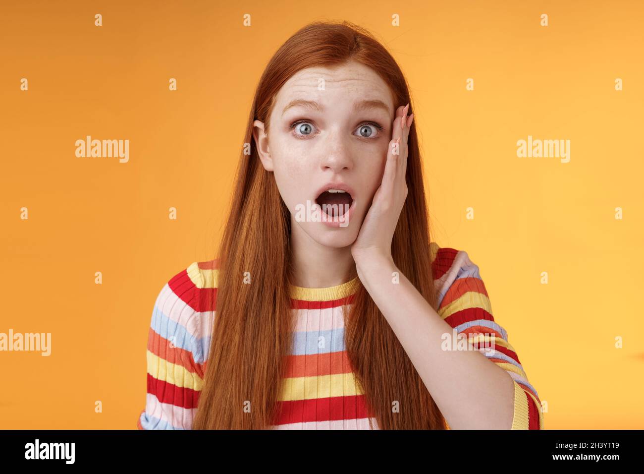 Shocked Impressed Concerned Ginger Girl Drop Jaw Gasping Stunned Slap Cheek Wide Eyes Surprised