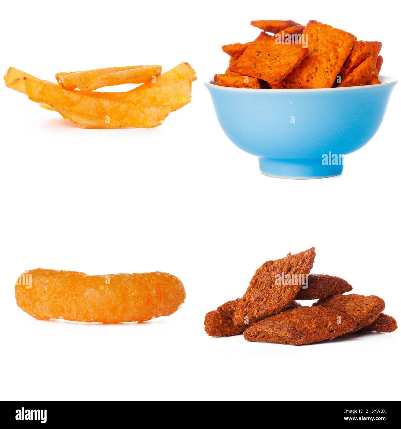 Salty snacks isolated on white background collage Stock Photo - Alamy